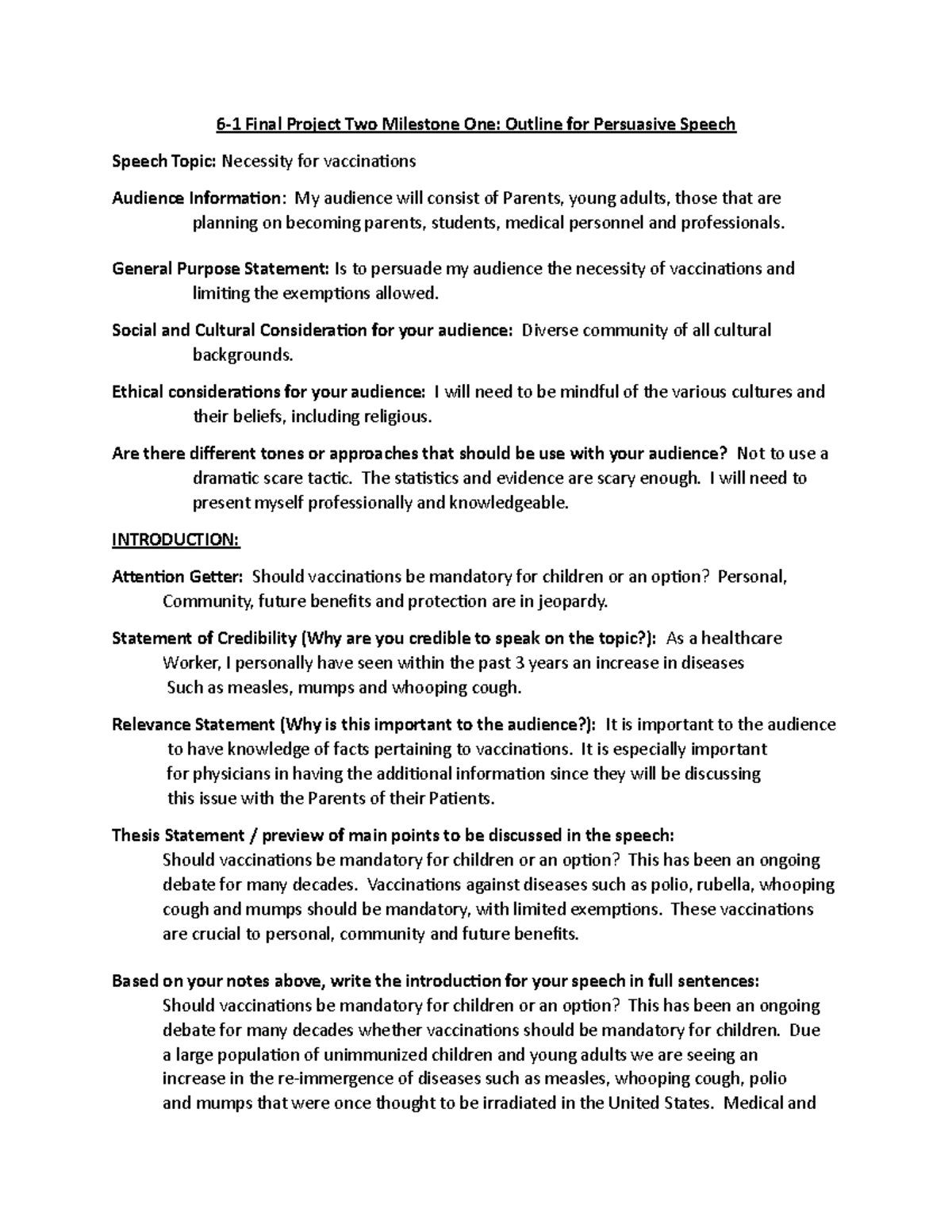 6-1 Final Project TWO Milestone ONE ; Outline FOR Persuasive Speech - 6 ...