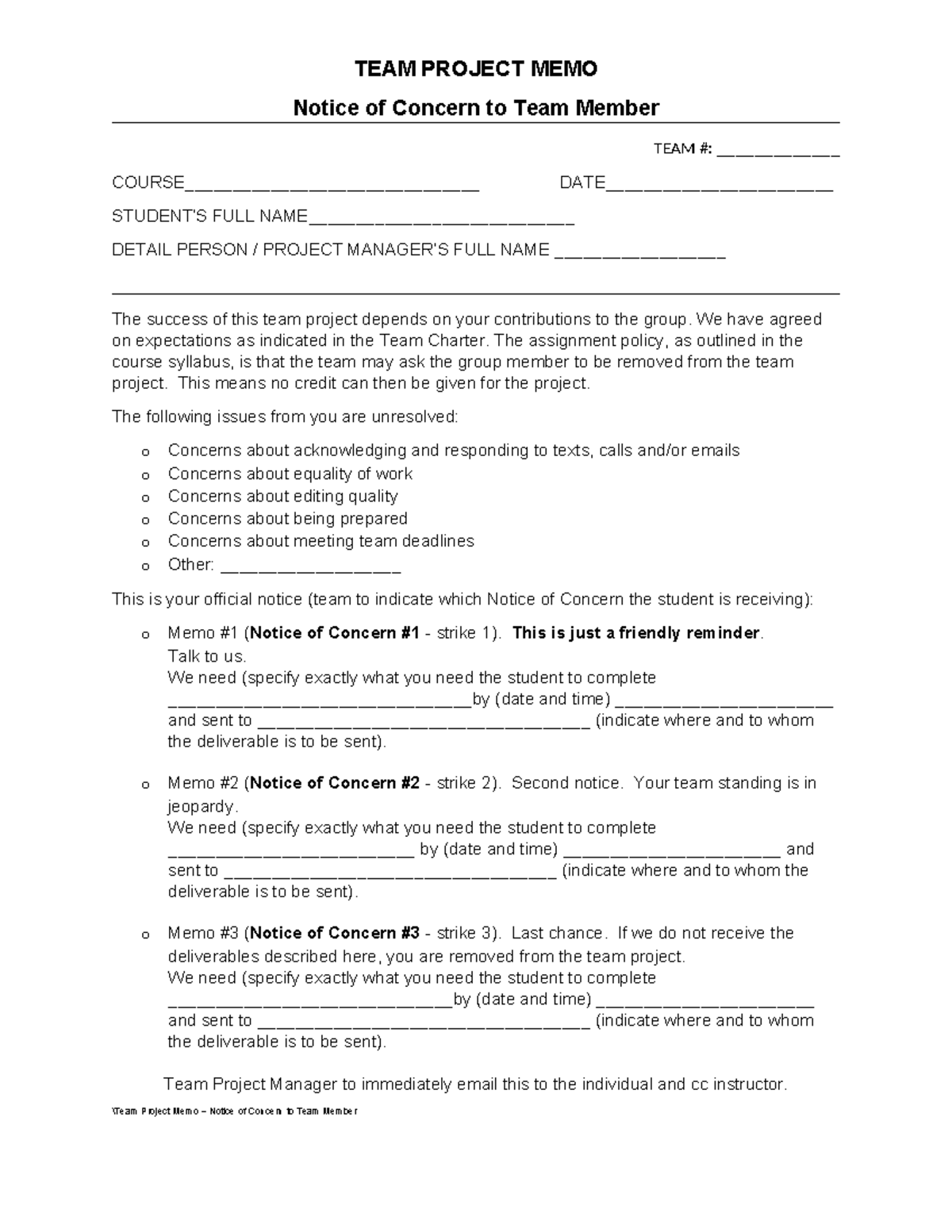 OB Team Project Memo - Notice of Concern to Team Member - TEAM PROJECT ...