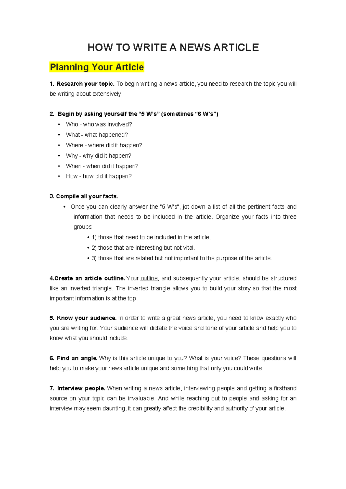 HOW TO Write A NEWS Article - HOW TO WRITE A NEWS ARTICLE Planning Your ...