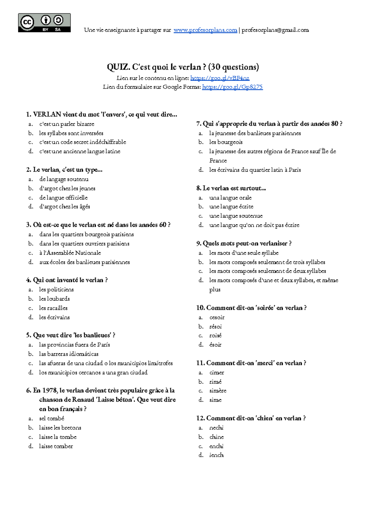 Le Verlan (quiz) - Practice exercises - QUIZ. C'est quoi le verlan? (30 ...