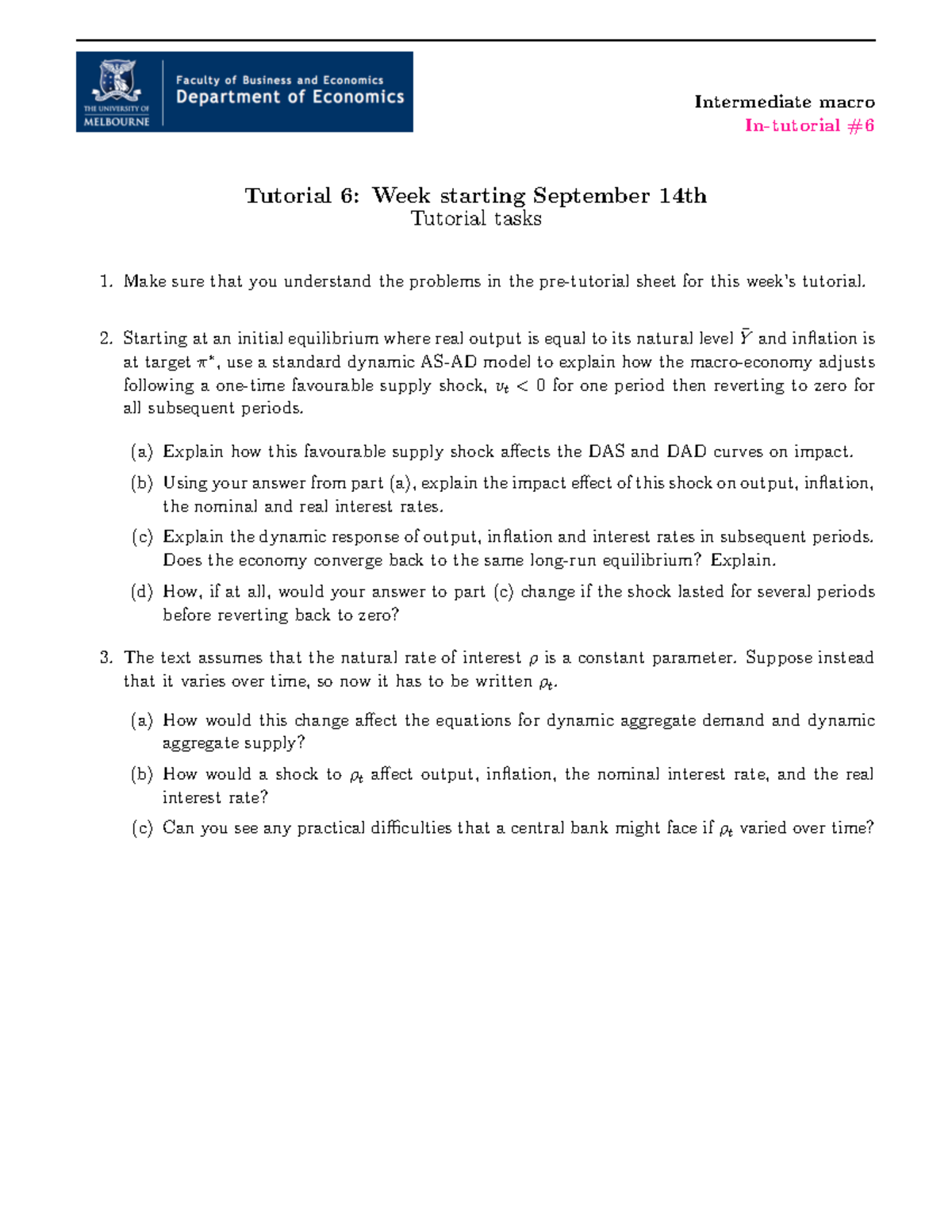 Intutorial 6 In Tutorial 6 Intermediate Macroeconomics 2020 Week 6 Econ20001 Intermediate