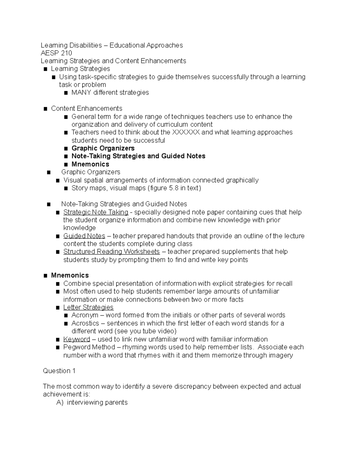 AESP210 Learning Disabilities Educational Approaches Lecture Outline ...