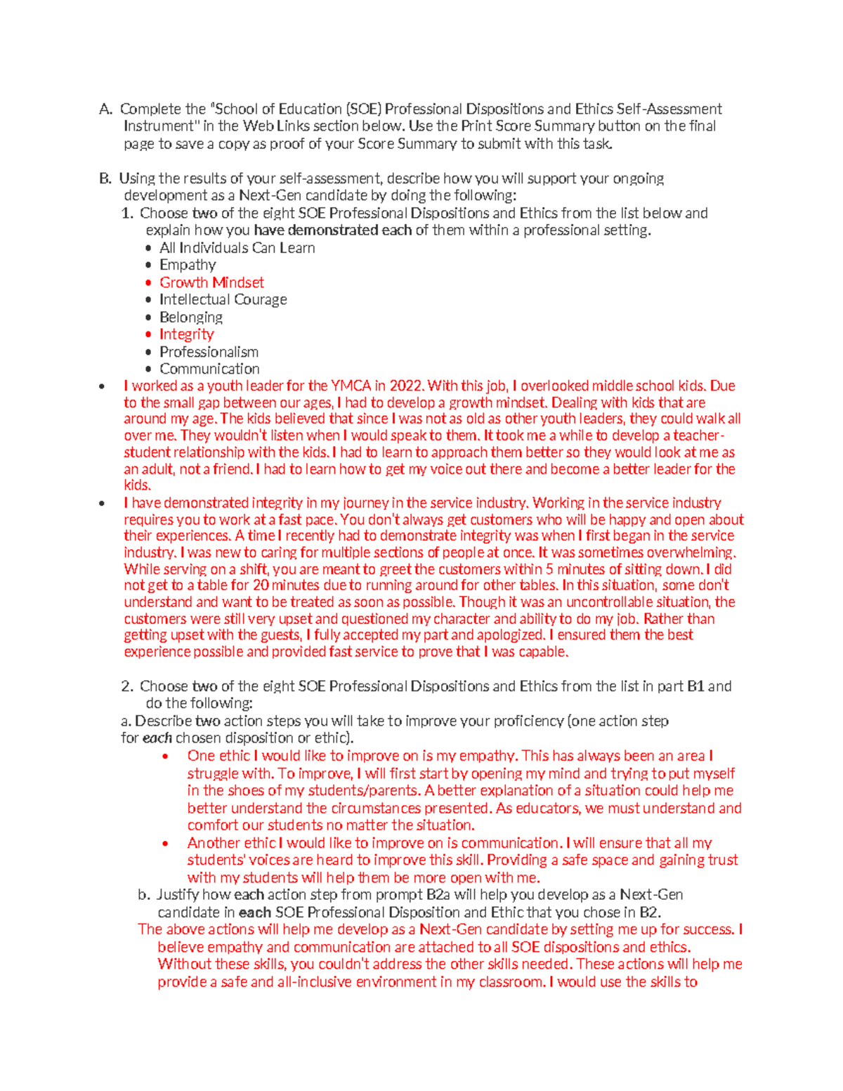 Task 4 - soe dispositions - A. Complete the “School of Education (SOE ...