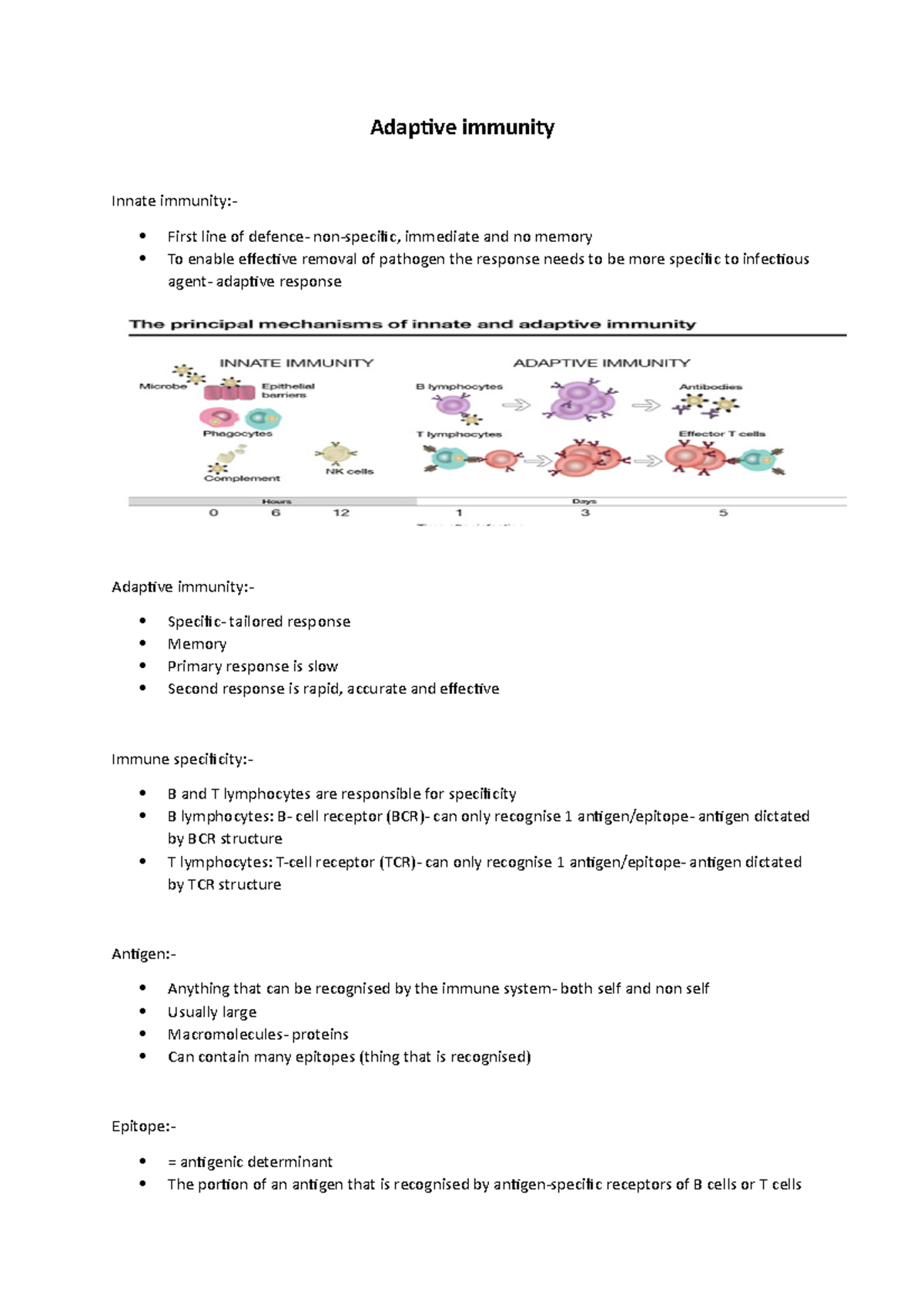lecture 3 notes - Adaptive immunity Innate immunity: First line of ...