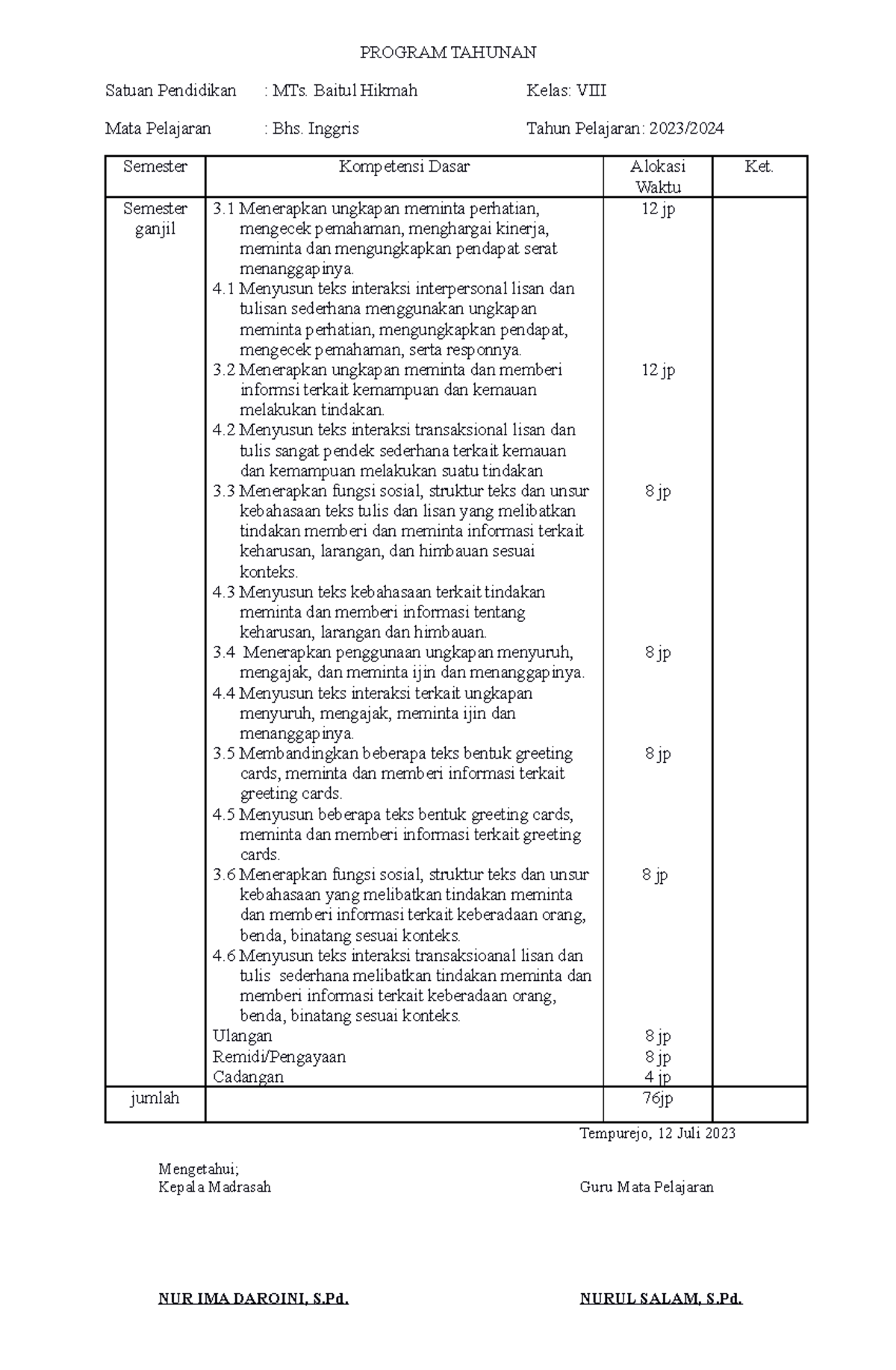 Program Tahunan Kelas 8 - PROGRAM TAHUNAN Satuan Pendidikan : MTs. Baitul Hikmah Kelas: VIII ...