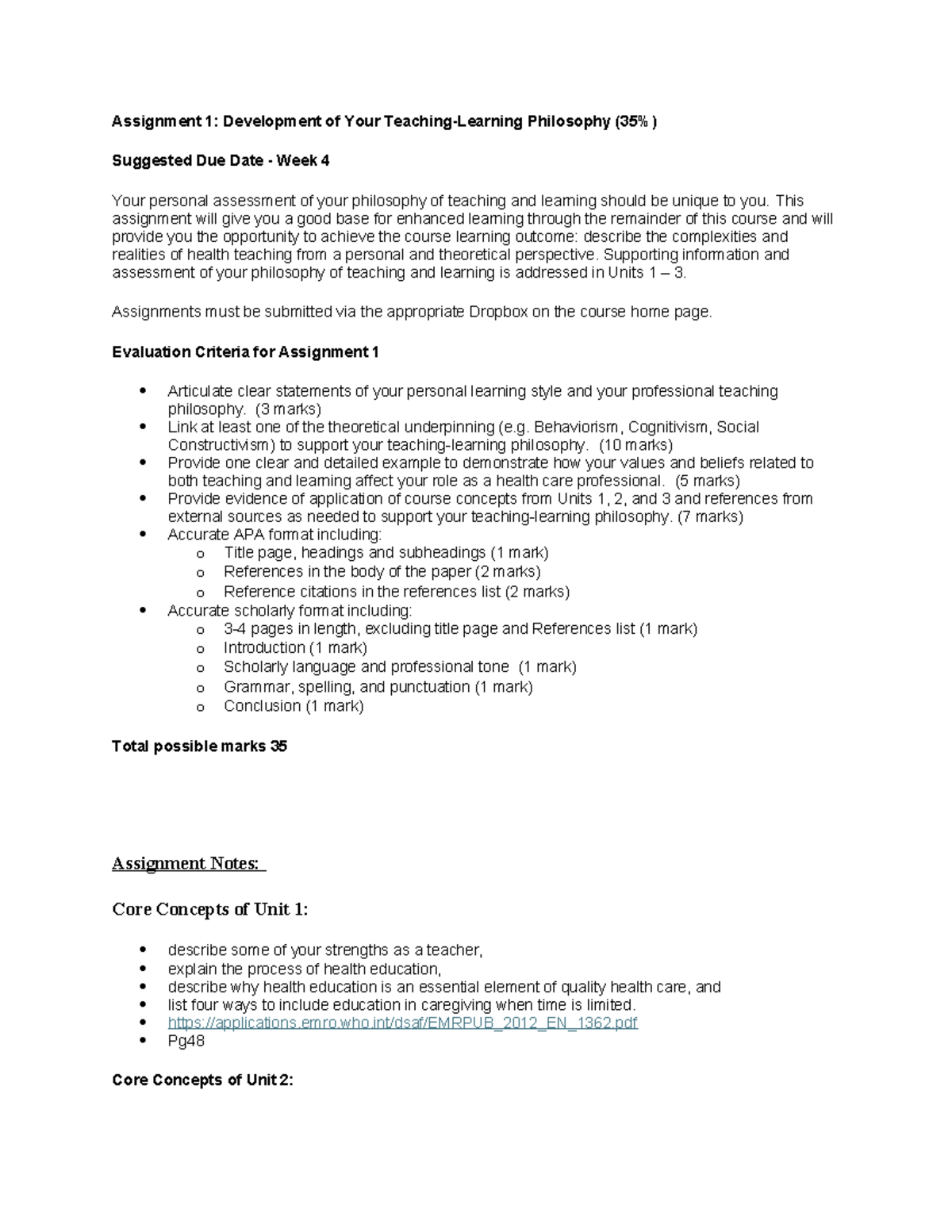 Assignment 1 Unit notes - Assignment 1: Development of Your Teaching ...