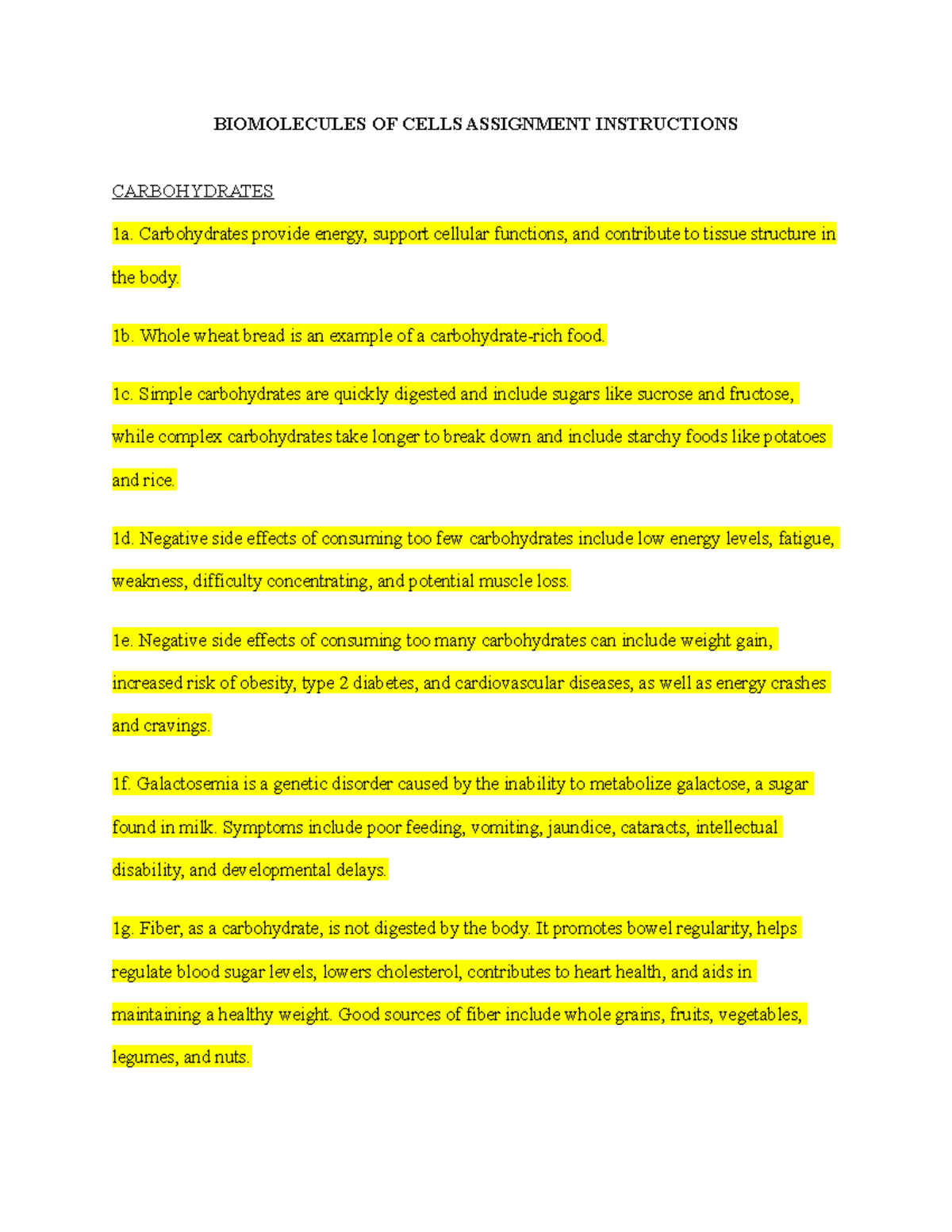 Biomolecules OF Cells Assignment Instructions - BIOMOLECULES OF CELLS ...