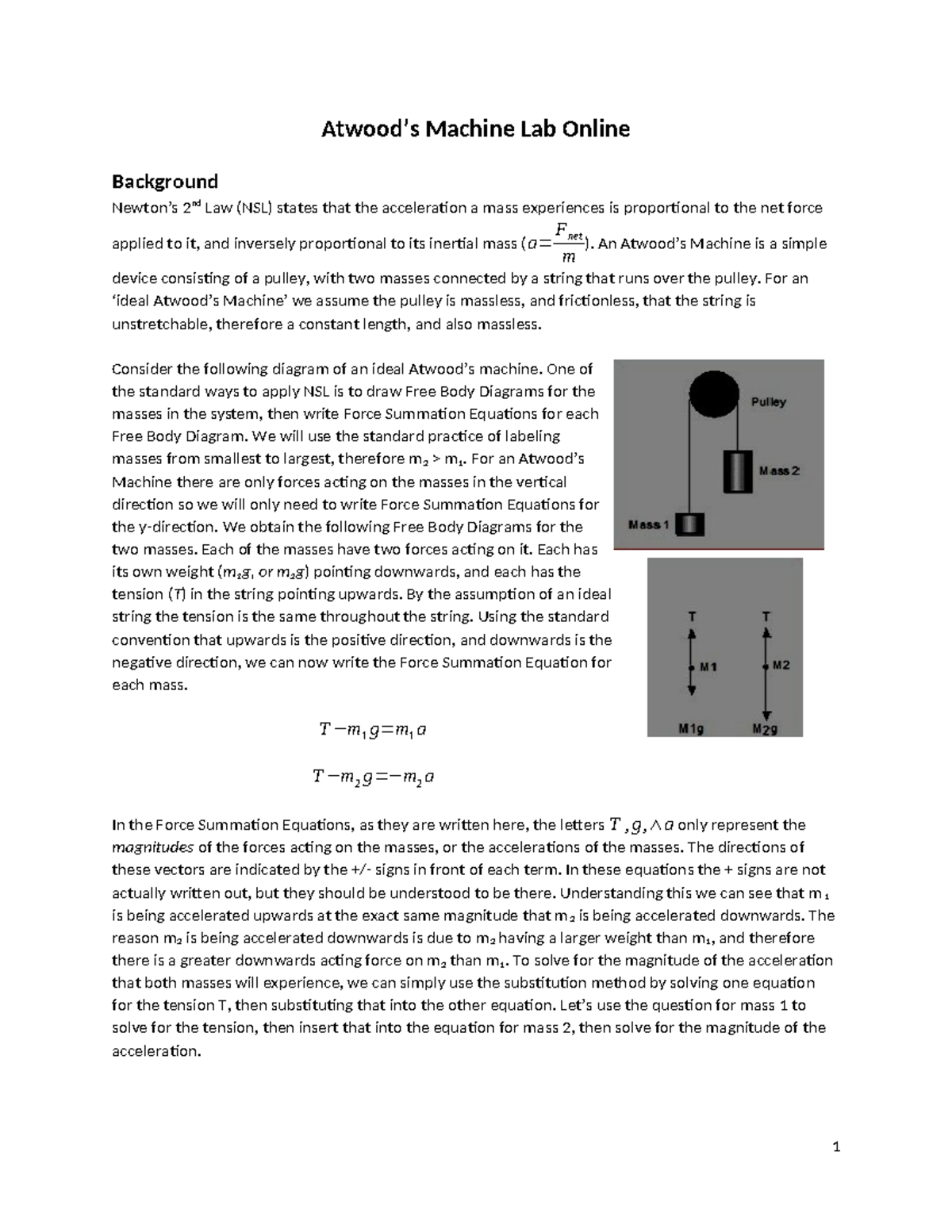 Atwood's Machine Lab - Lab assignment - Atwood’s Machine Lab Online ...