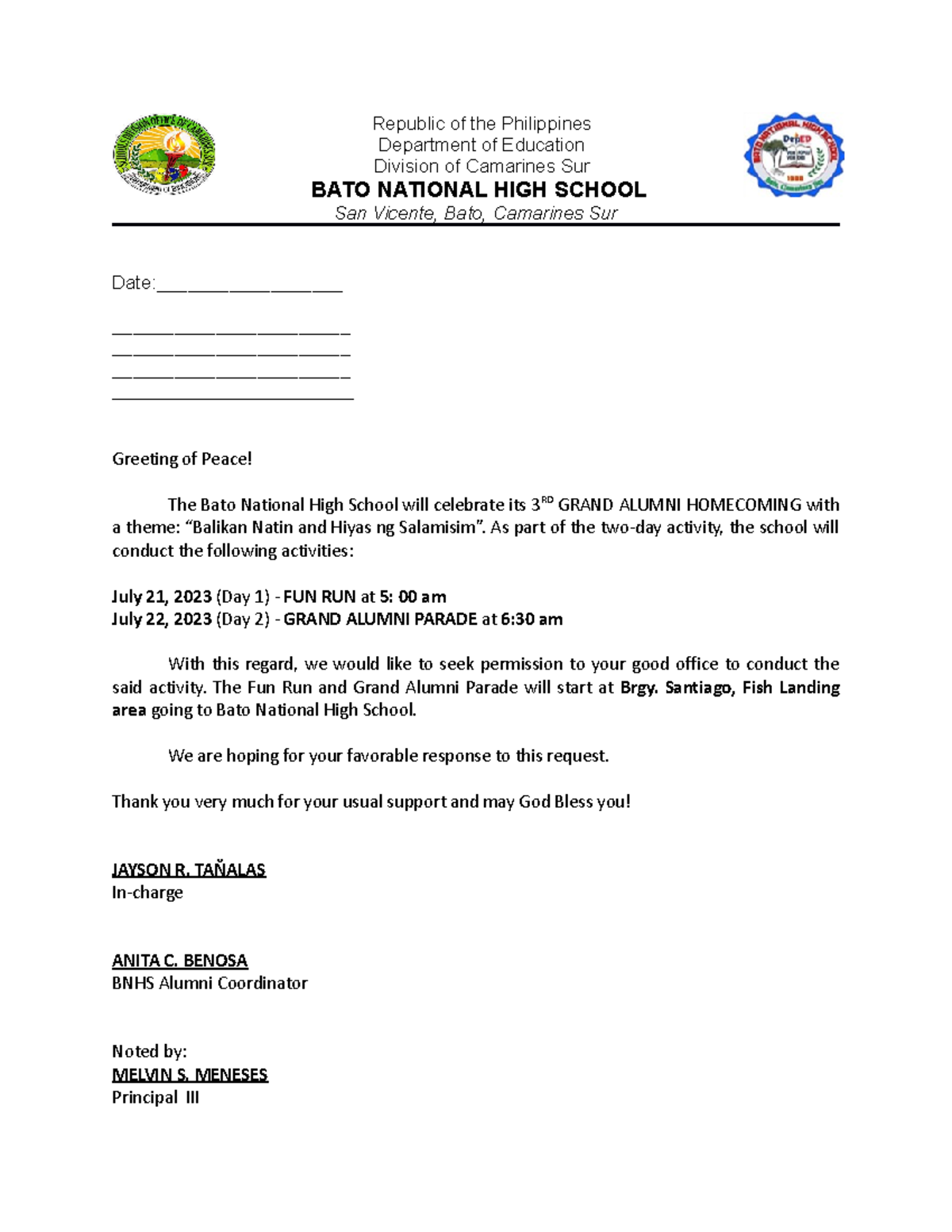 Letter TO - Republic of the Philippines Department of Education ...