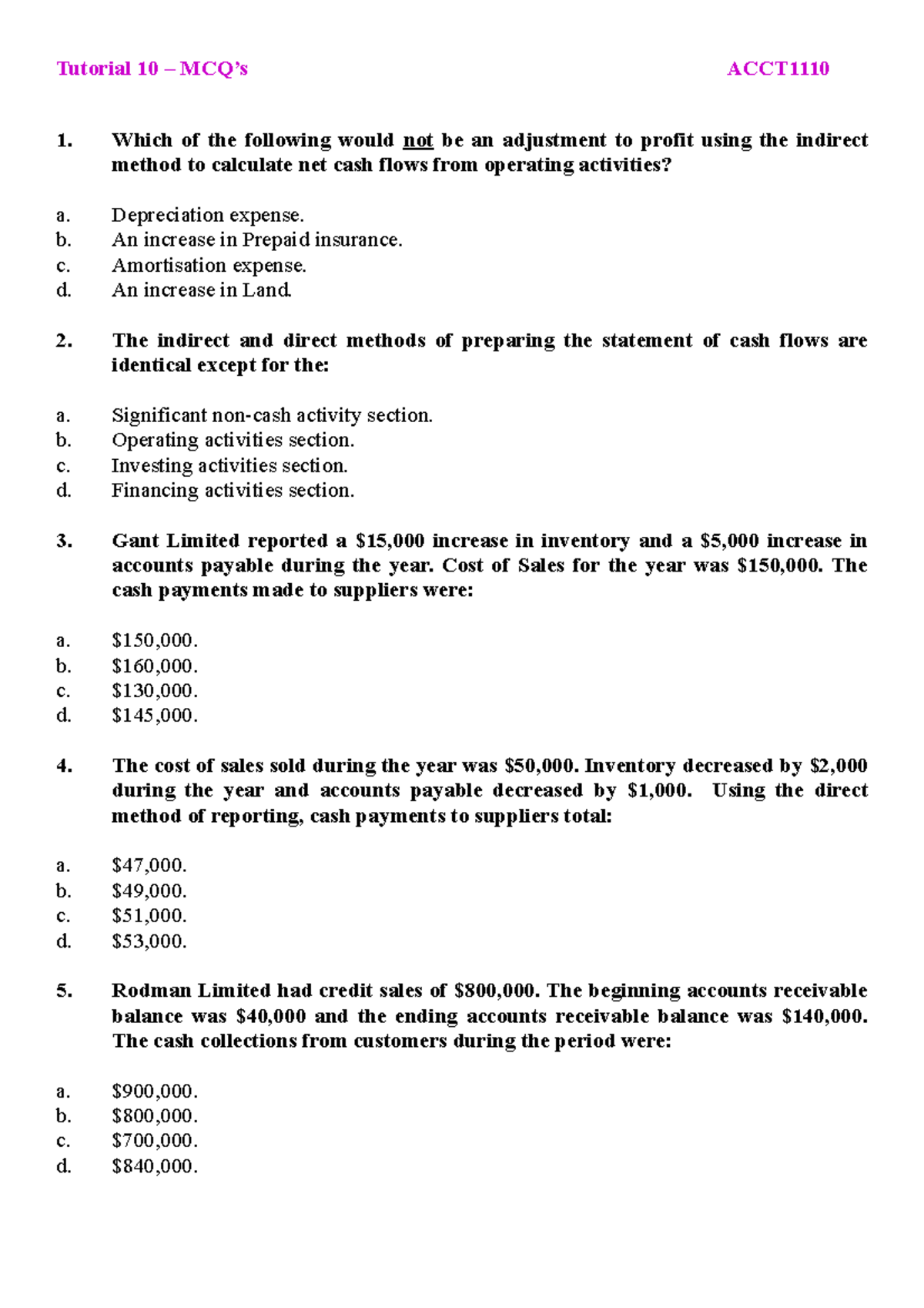 Tute 10 - MCQs for Printing - Tutorial 10 – MCQ’s ACCT Which of the following would not be an ...