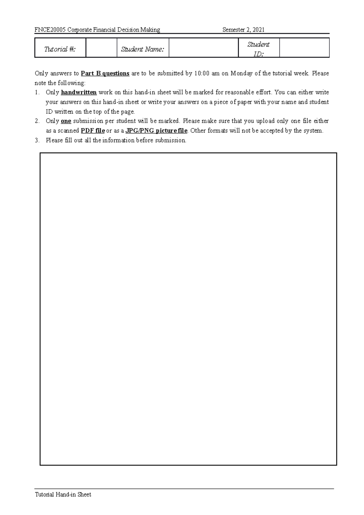 Online Tutorial Hand-in Sheet - FNCE20005 Corporate Financial Decision ...