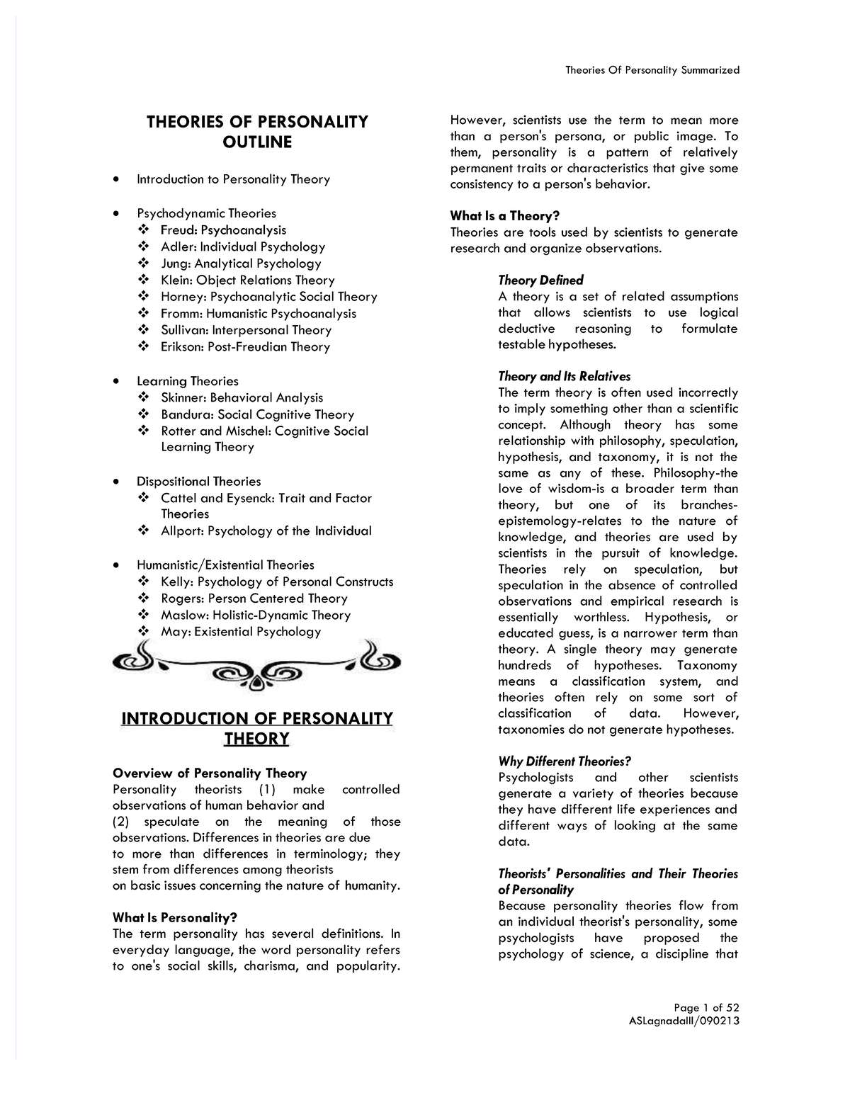 Theories of Personality Summary - Theories Of Personality ...
