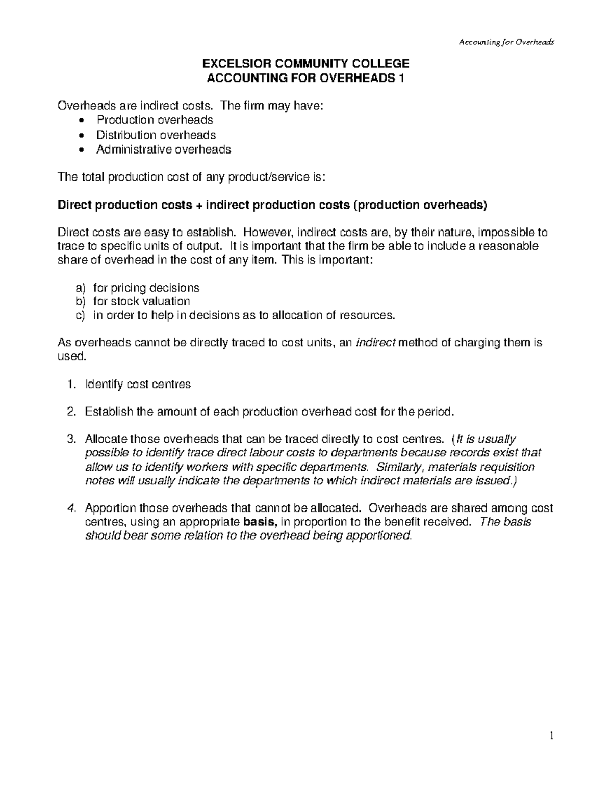 Accountng for overheads - notes and problems - EXCELSIOR COMMUNITY ...