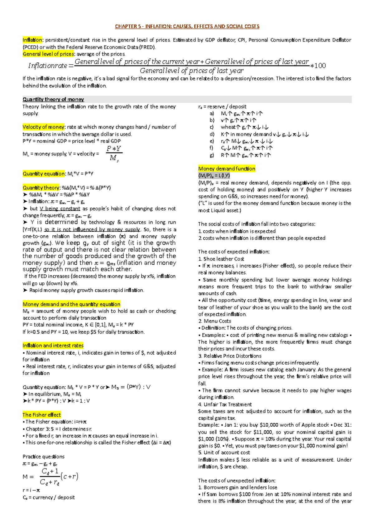 ECO316 #2 - Lecture notes 2 - CHAPTER 5 - INFLATION: CAUSES, EFFECTS ...