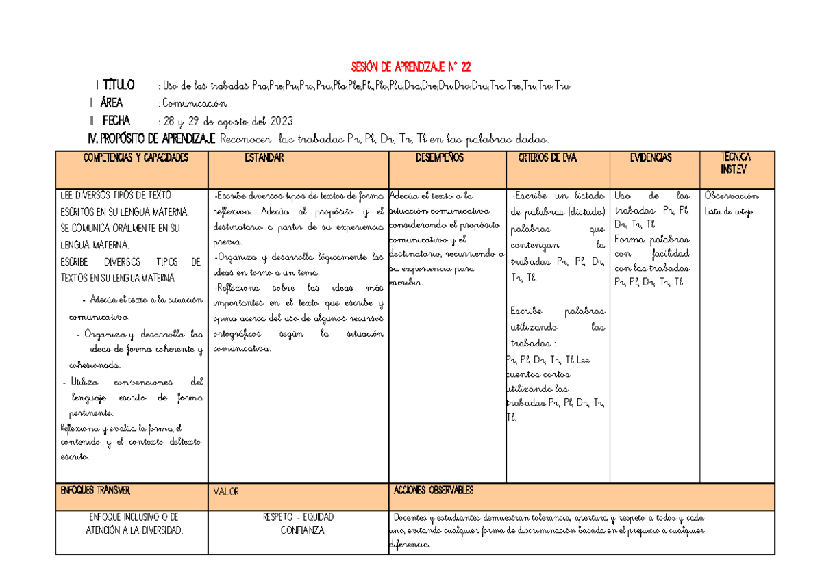 Semana 24 Primer Grado Sesiones - SESI”N DE APRENDIZAJE N∞ 22 I. TÕTULO : Uso de las trabadas ...