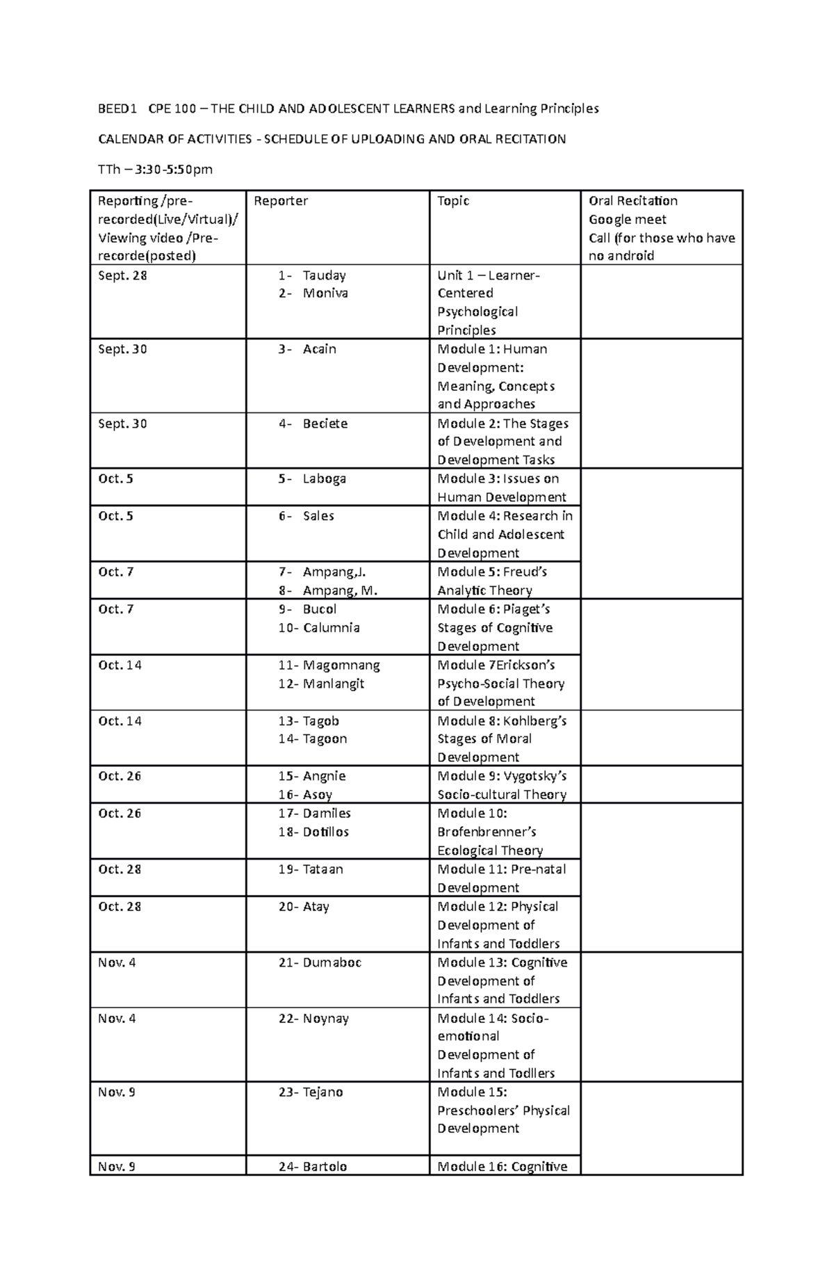 Schedule-of-activities - BEED1 CPE 100 – THE CHILD AND ADOLESCENT ...