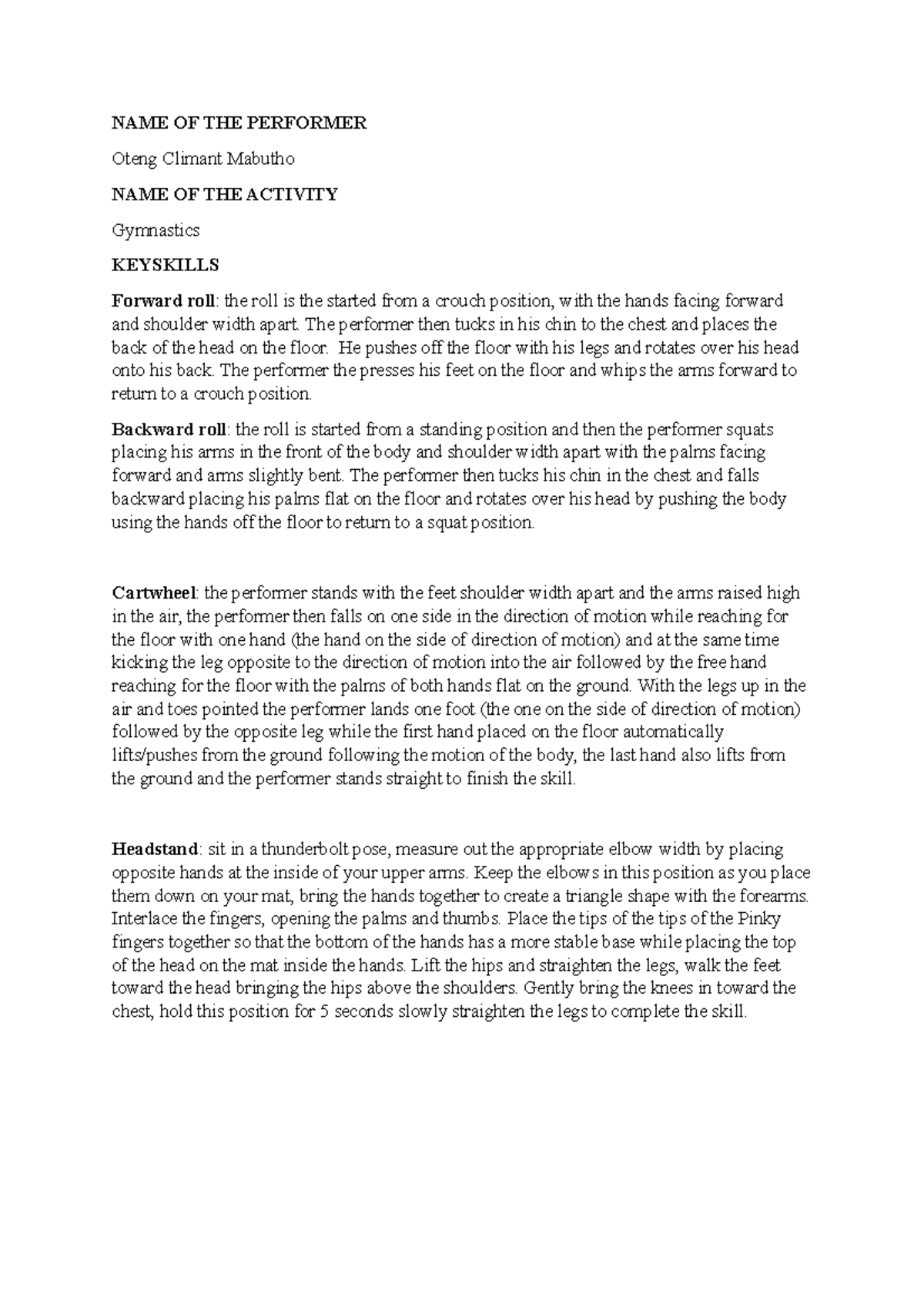 Gymnastics PE Project - NAME OF THE PERFORMER Oteng Climant Mabutho ...