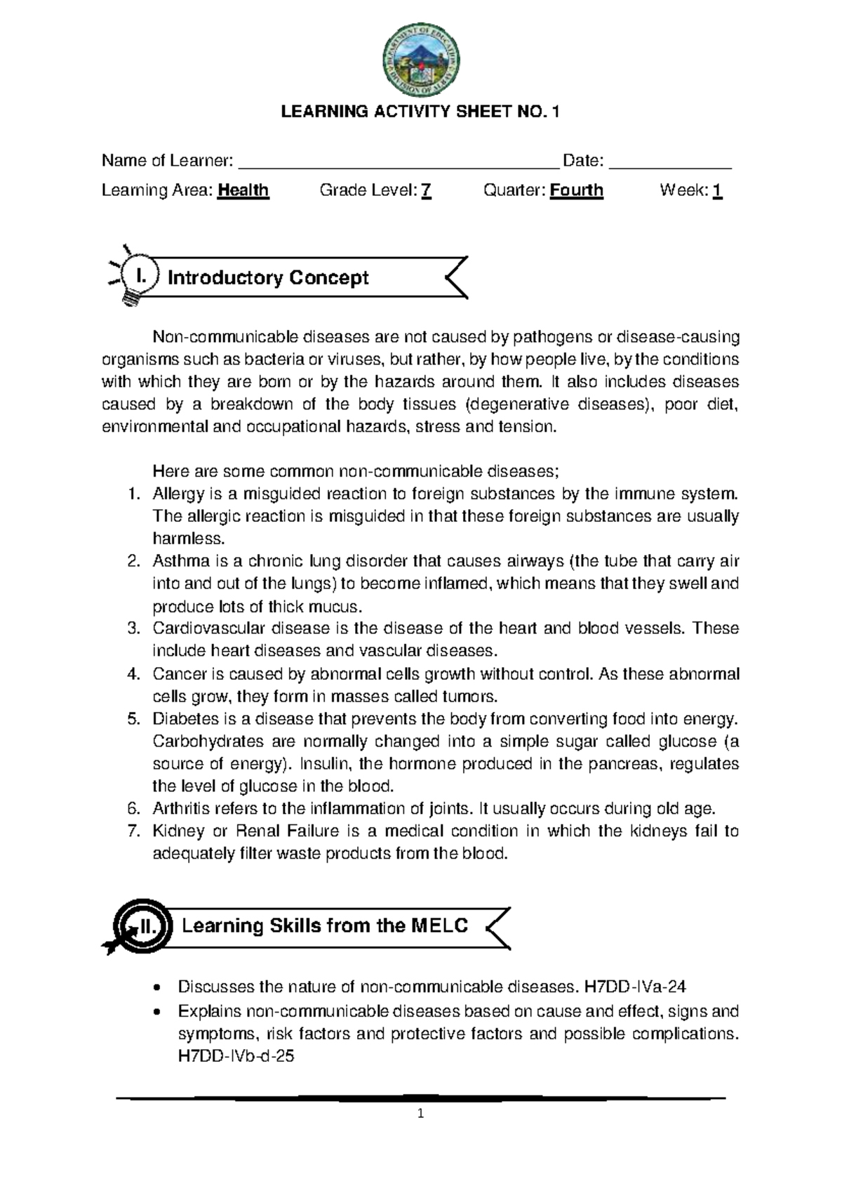 Health 7 Quarter 4 LAS W1 5 - LEARNING ACTIVITY SHEET NO. 1 Name of Learner: - Studocu