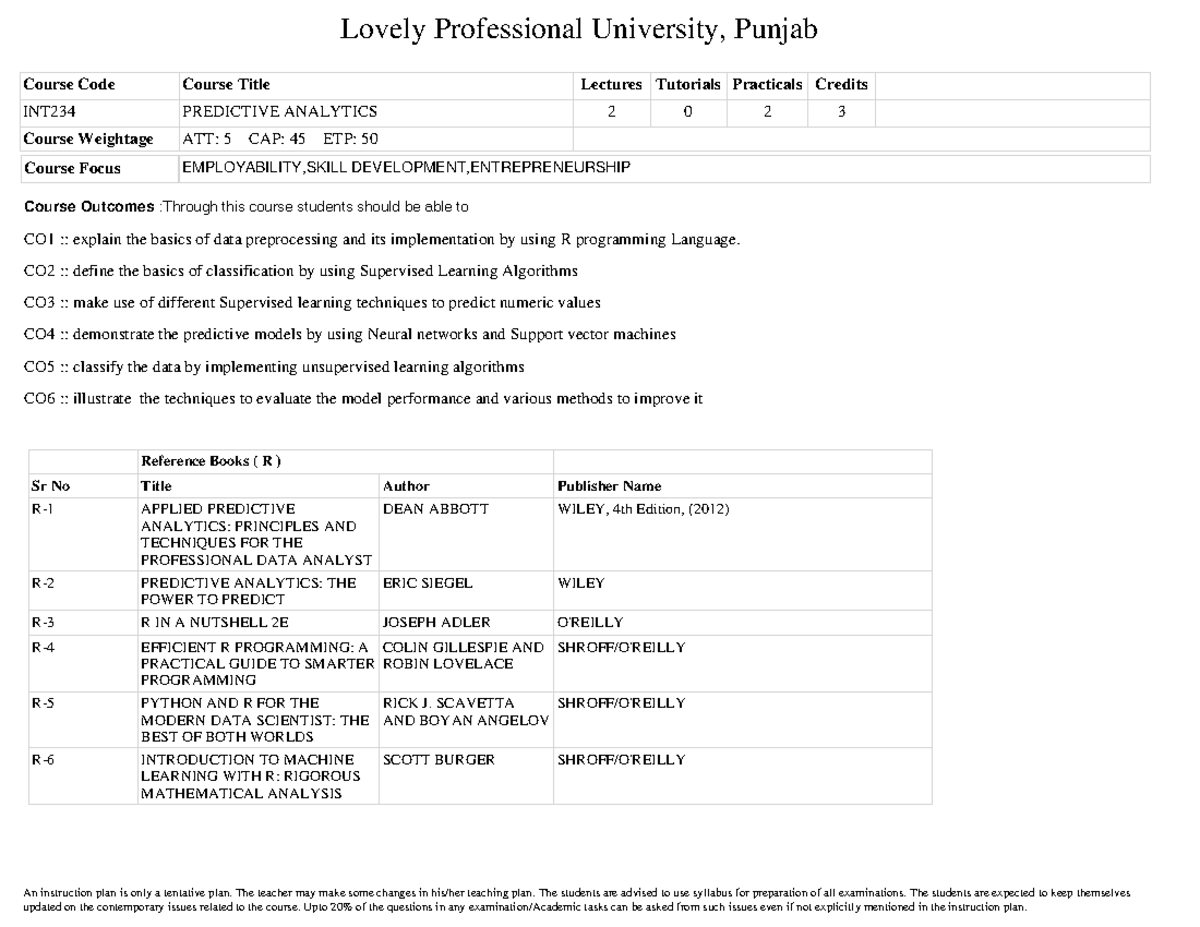 INT234 Predictive Analytics - Lovely Professional University, Punjab ...