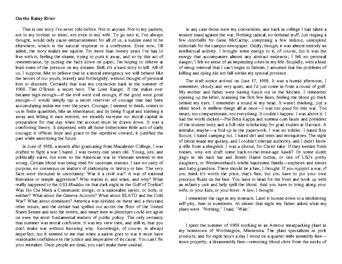 On the rainy river full text - On the Rainy River This is one story I ...