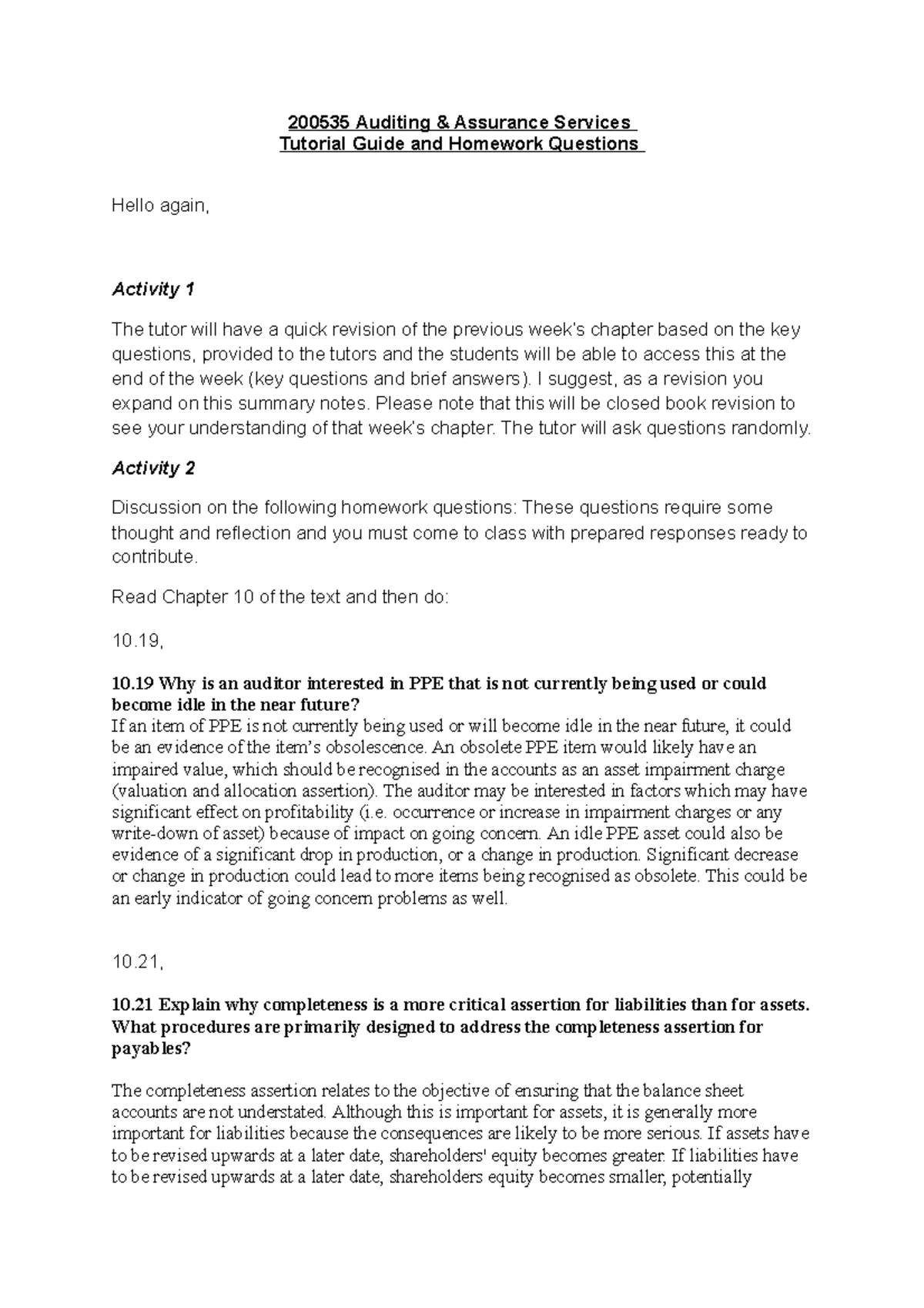 Tutorial Guide for the students Chapter : Week 10 - 200535 Auditing & Assurance Services - Studocu