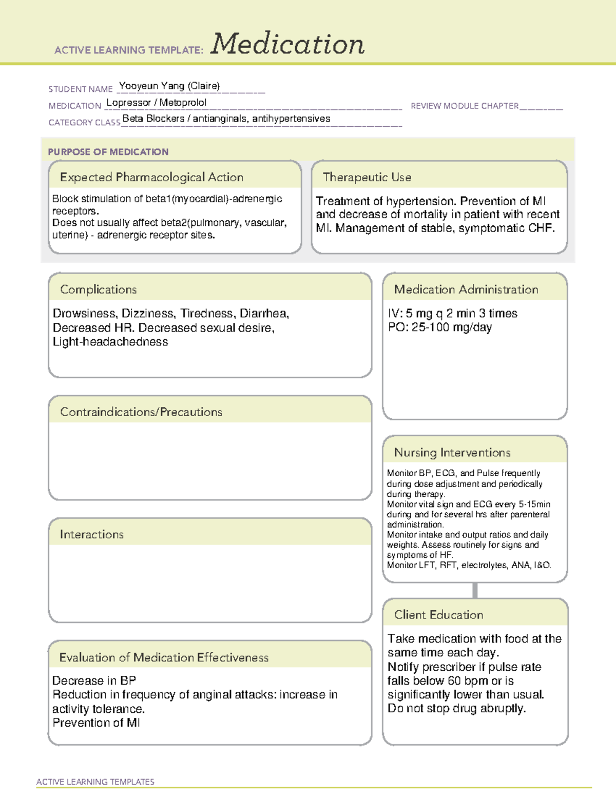 Lopressor,Metoprolol - ACTIVE LEARNING TEMPLATES Medication STUDENT ...