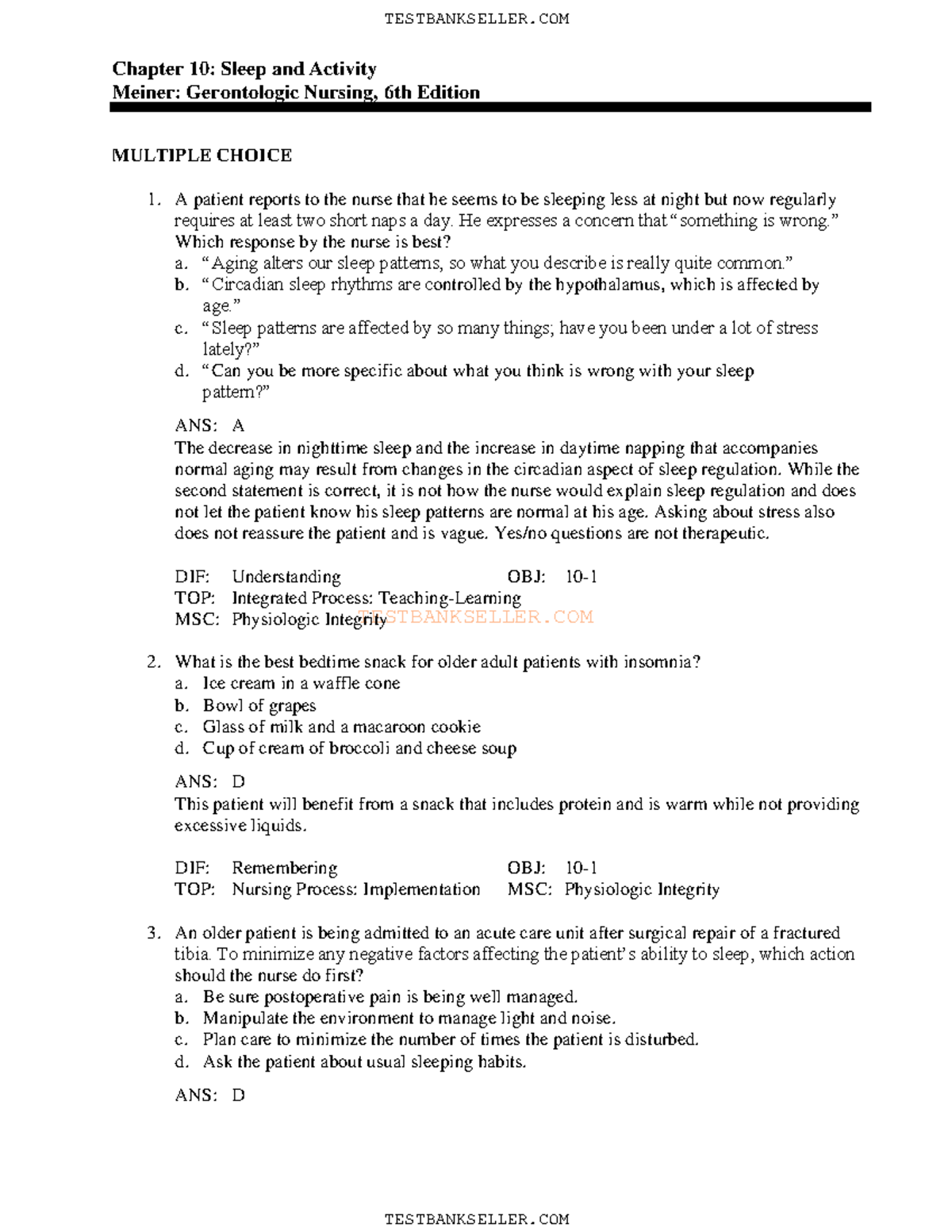 Geriatrics Chapter 10 - TESTBANKSELLER Chapter 10: Sleep and Activity ...