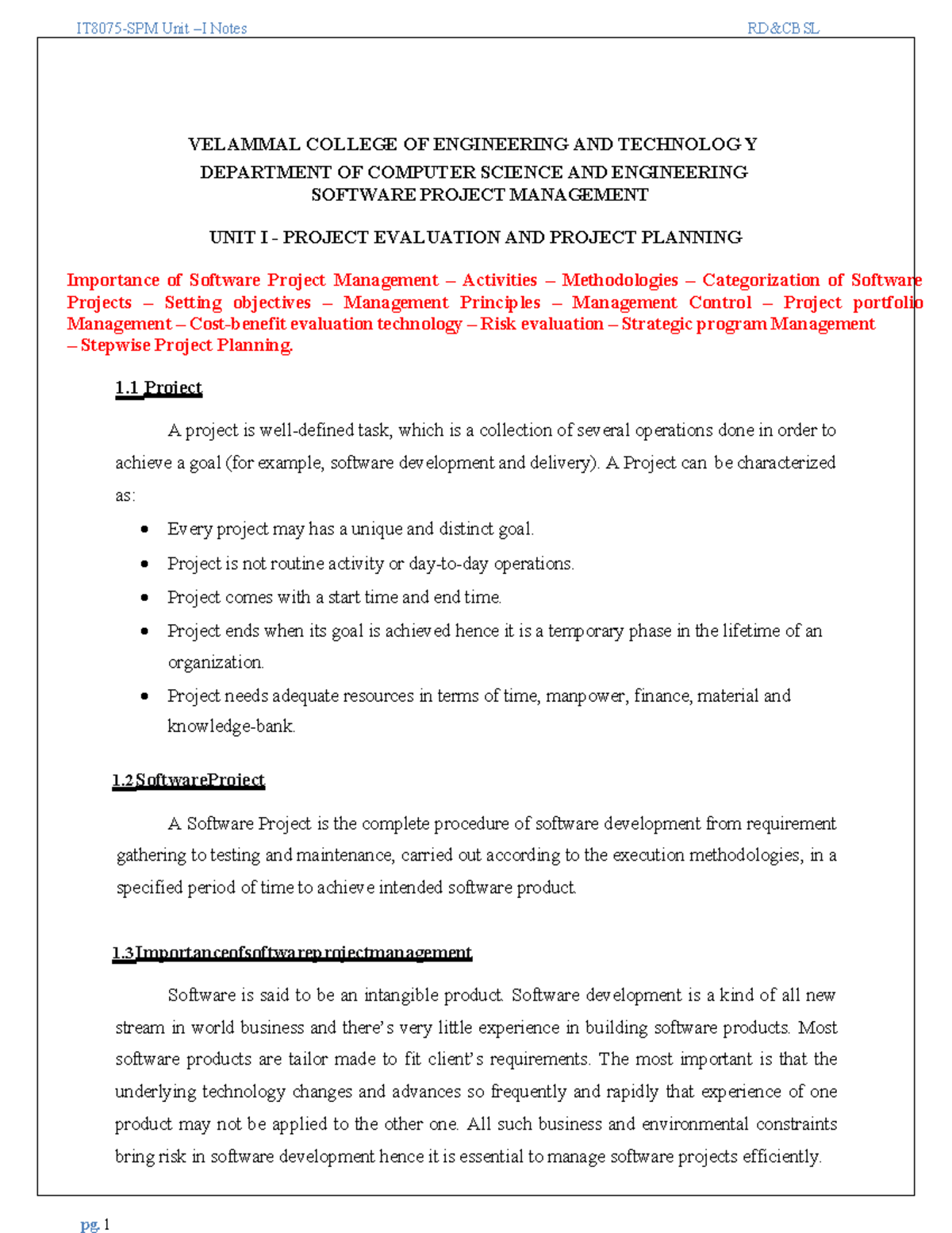IT8075 SPM Unit 1 - pdf - VELAMMAL COLLEGE OF ENGINEERING AND TECHNOLOG Y DEPARTMENT OF COMPUTER ...