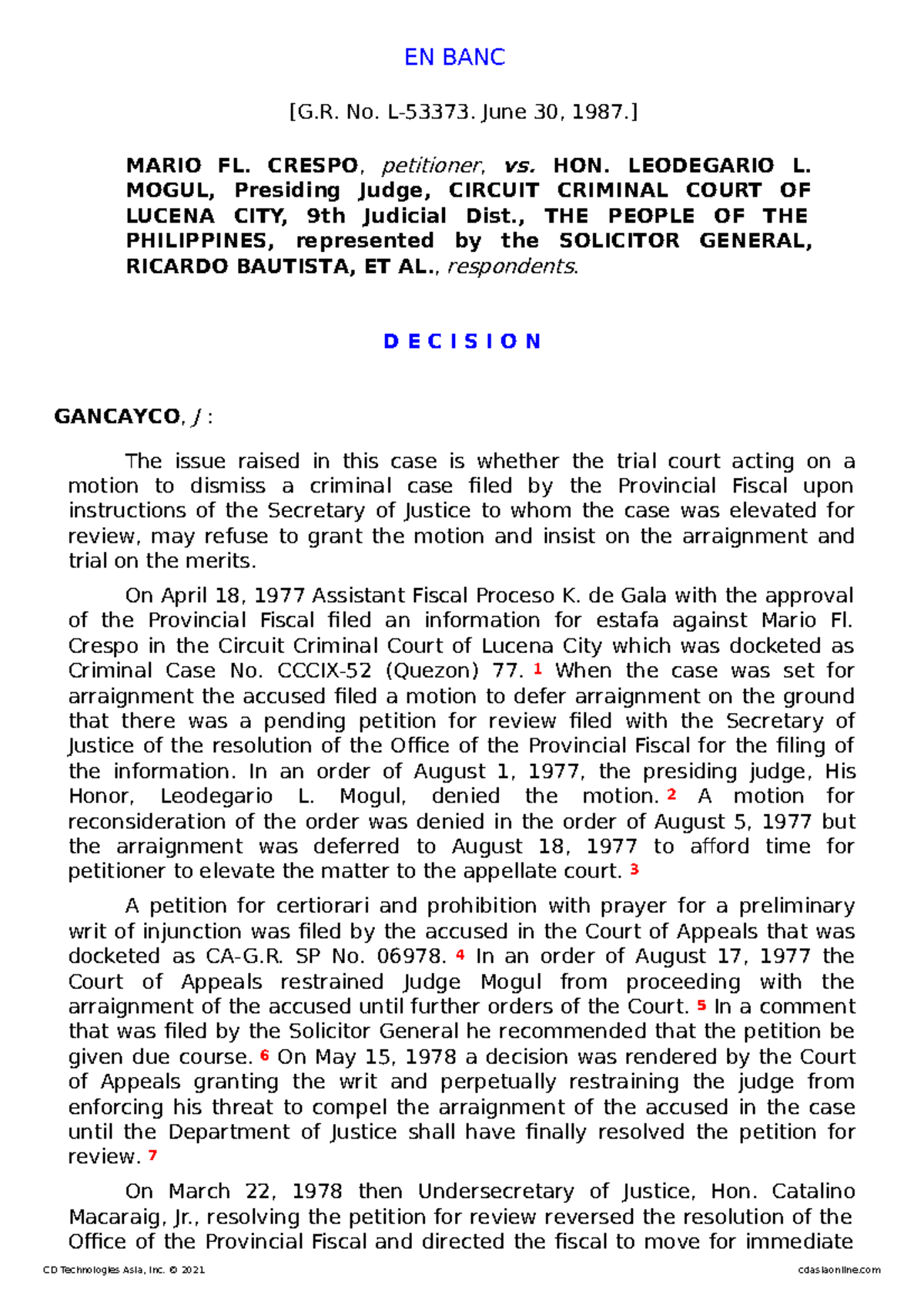 Crespo v. Mogul - Case digest - EN BANC [G. No. L-53373. June 30, 1987.] MARIO FL. CRESPO, - Studocu