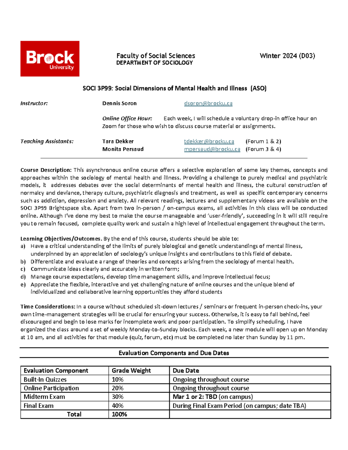 3P99 Syllabus Winter 2024 - SOCI 3P99: Social Dimensions of Mental ...
