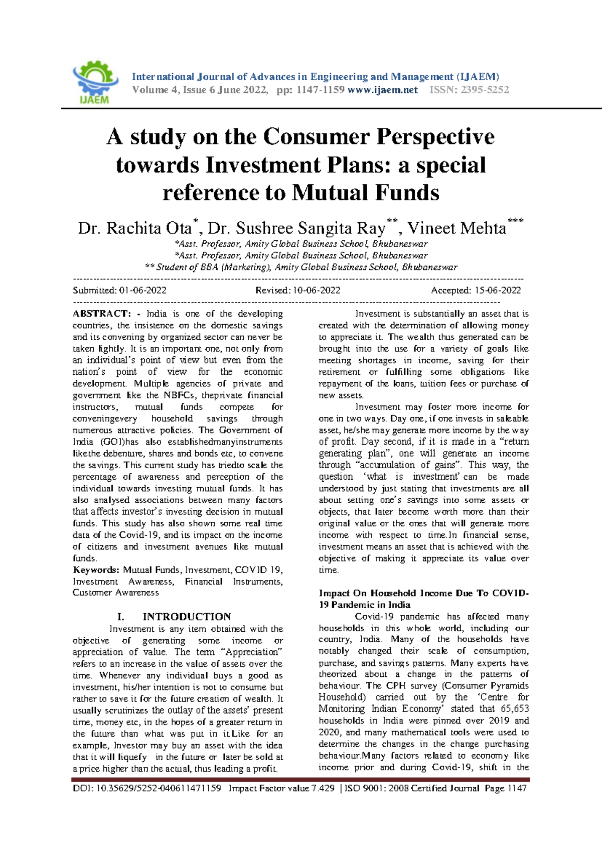 A study on the Consumer Perspective towards Investment Plans a special ...