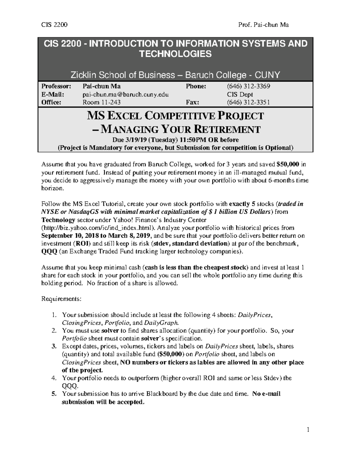 CIS2200 Excel Project 2019 Spring - CIS 2200 Prof. Pai-chun Ma 1 CIS 2200 - INTRODUCTION TO ...