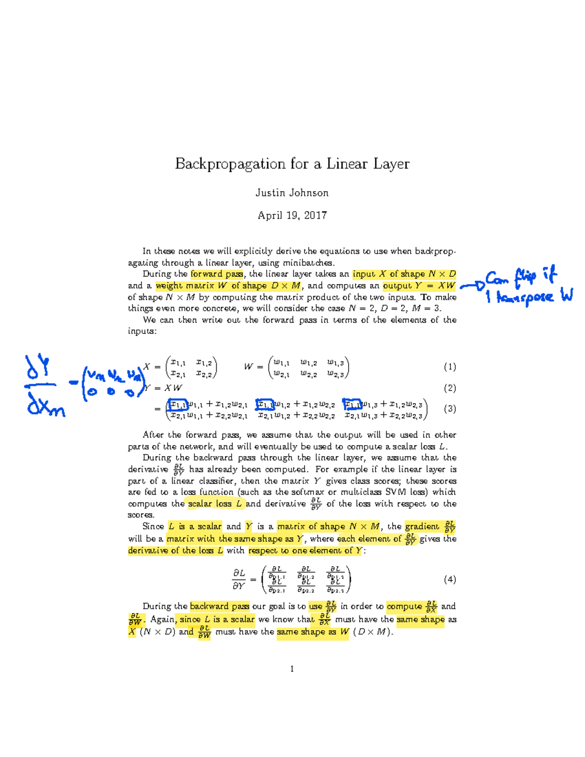 Standford backpropagation derivation - Backpropagation for a Linear Layer Justin Johnson April ...