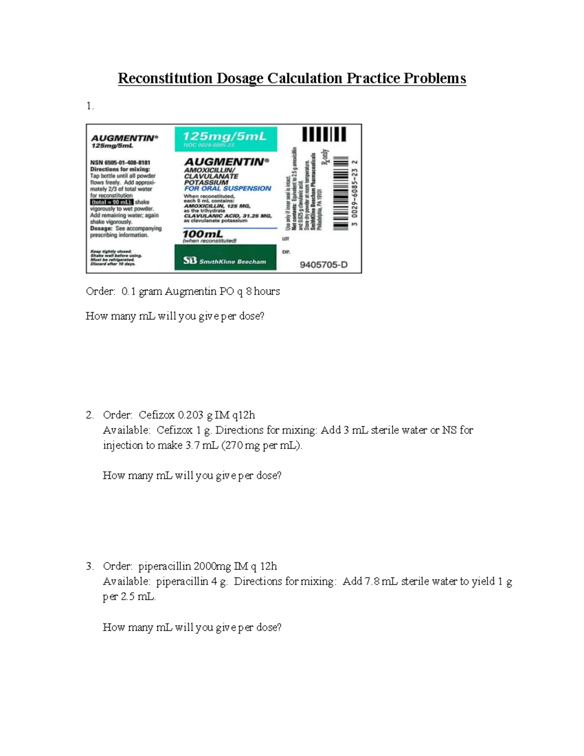 Level 2 3 Dosage Calculation Practice Problems Reconstitution Dosage