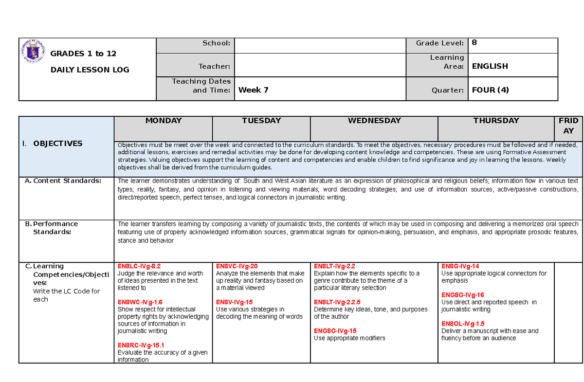 DLL-Eng8-4th Q-Week-7 - GRADES 1 to 12 DAILY LESSON LOG School: Grade ...
