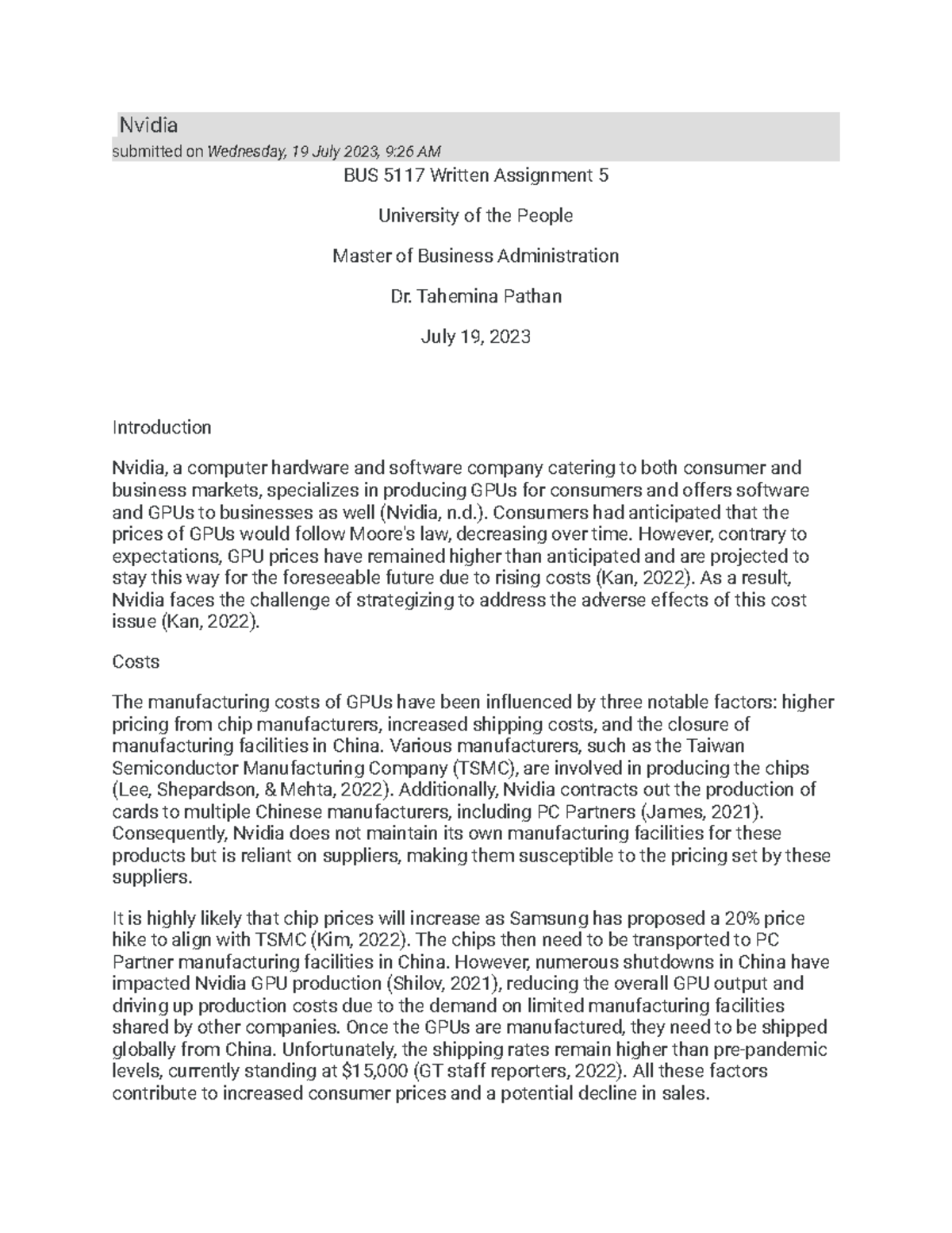 Nvidia - BUS 5117-01 Strategic Decision Making and Management - AY2023 ...