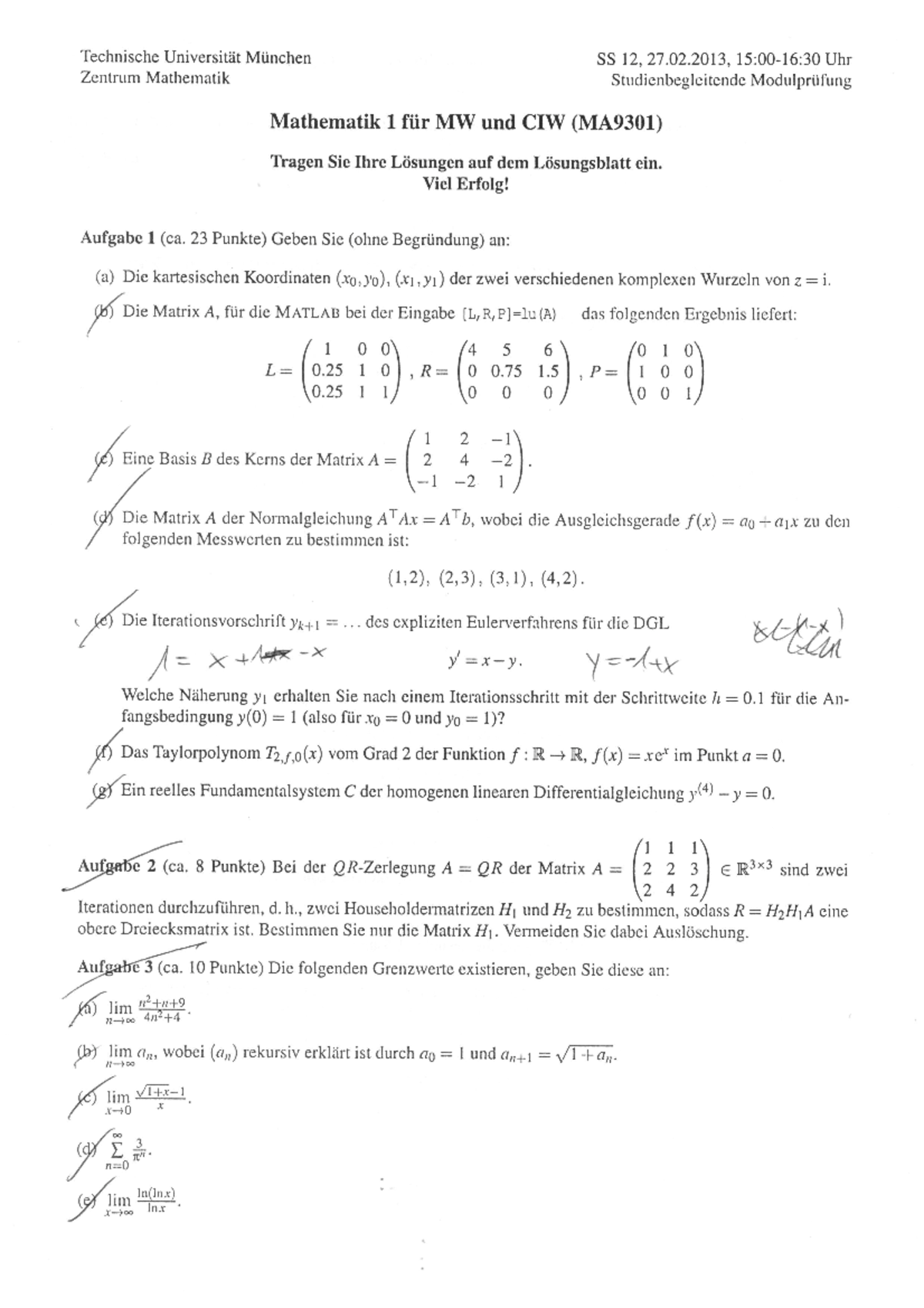 Mathe I - SS12 - Altklausur - Höhere Mathematik 1 - TUM - Studocu