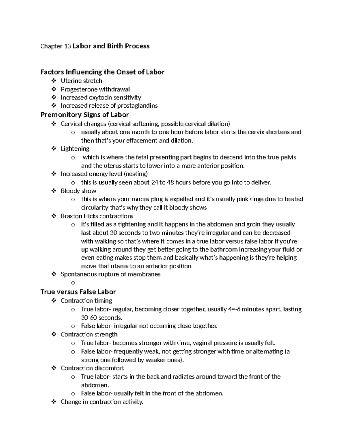 Chapter 13 - Notes - Chapter 13 Labor and Birth Process Factors ...
