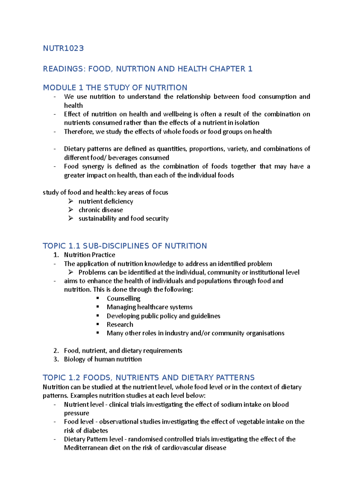 NUTR1023 Module 1 - NUTR READINGS: FOOD, NUTRTION AND HEALTH CHAPTER 1 ...