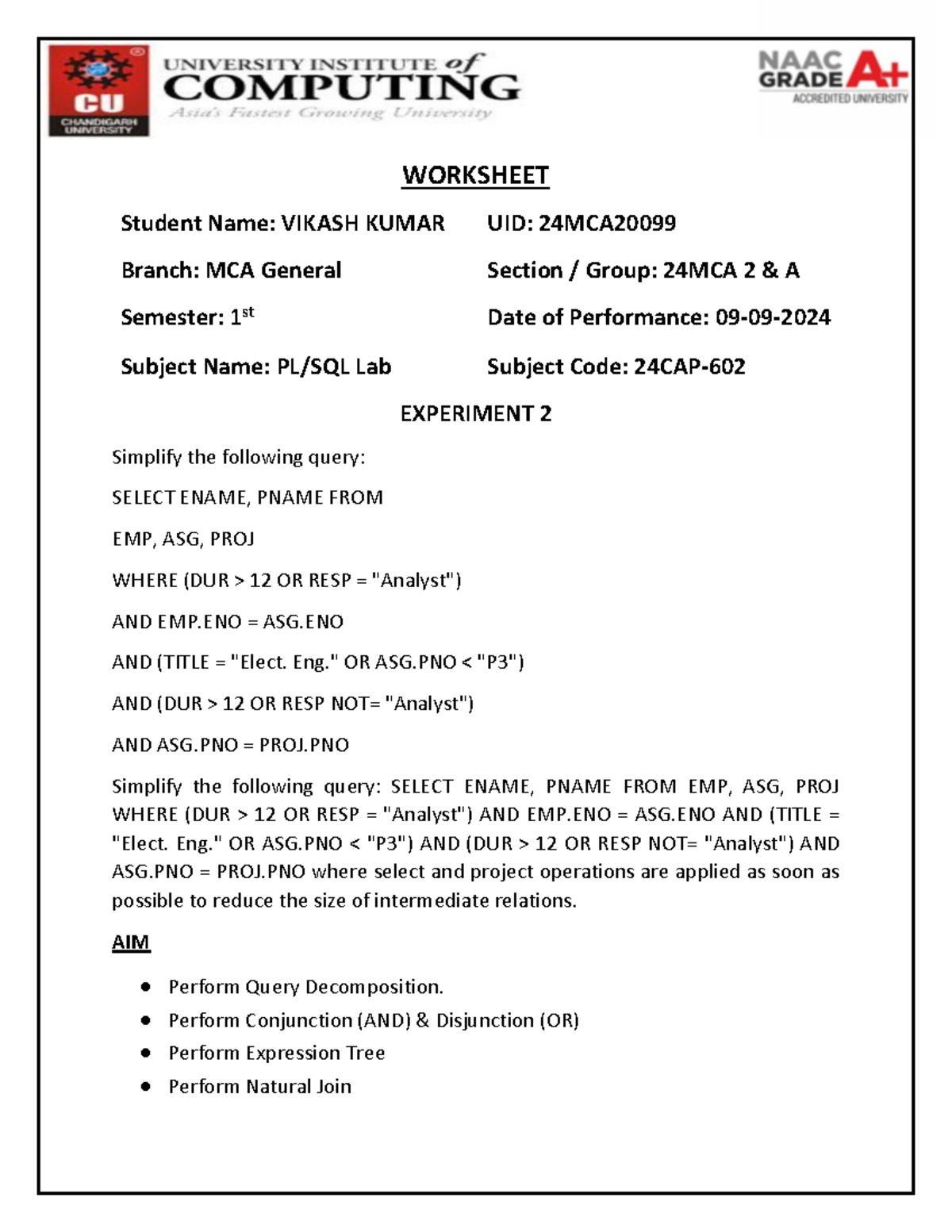 Experiment 2 pdf - assignment - WORKSHEET Student Name: VIKASH KUMAR ...