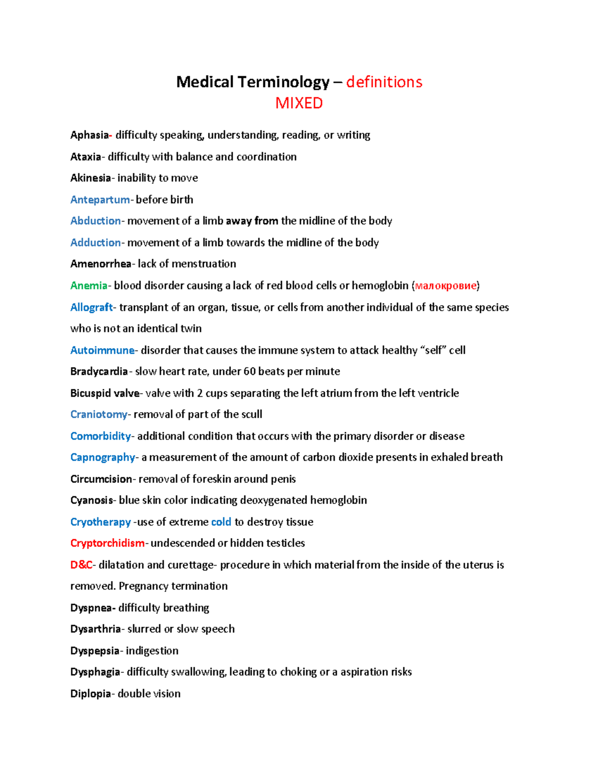 Medical Terminology pdf - Medical Terminology – definitions MIXED ...
