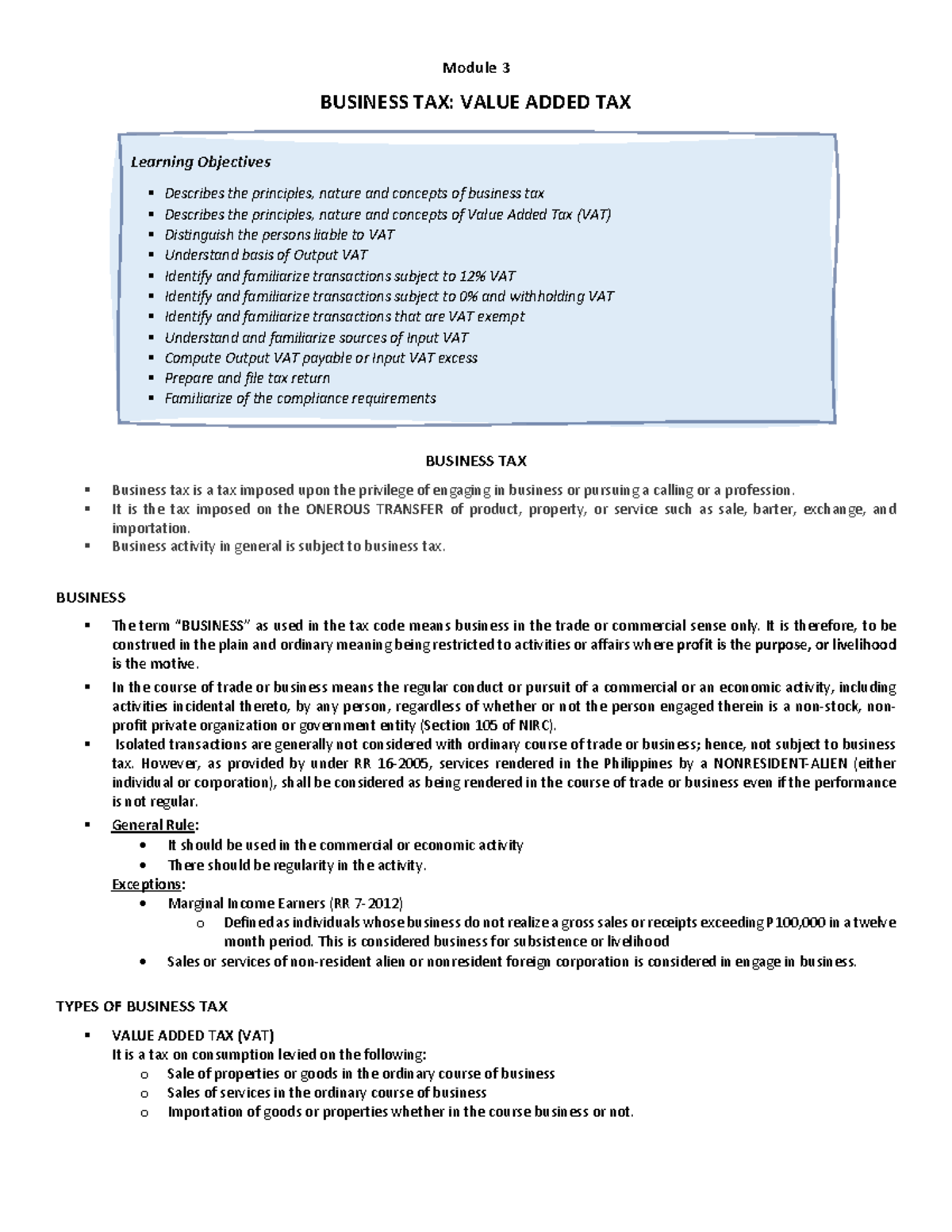 Module 3 Business Tax Value Added Tax Lecture Notes - Module 3 BUSINESS ...