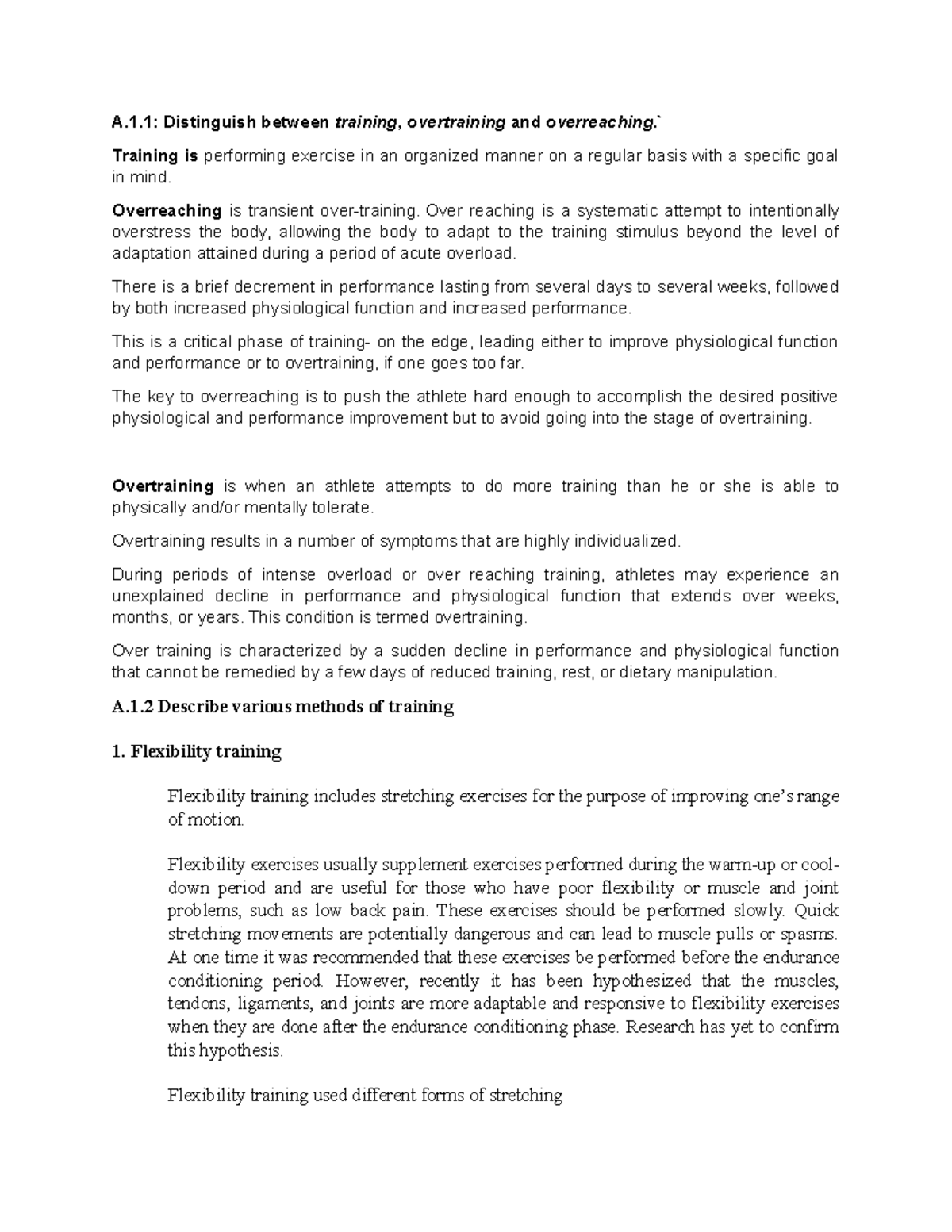 SPORTS SCIENCE A1 NOTES - A.1: Distinguish between training ...