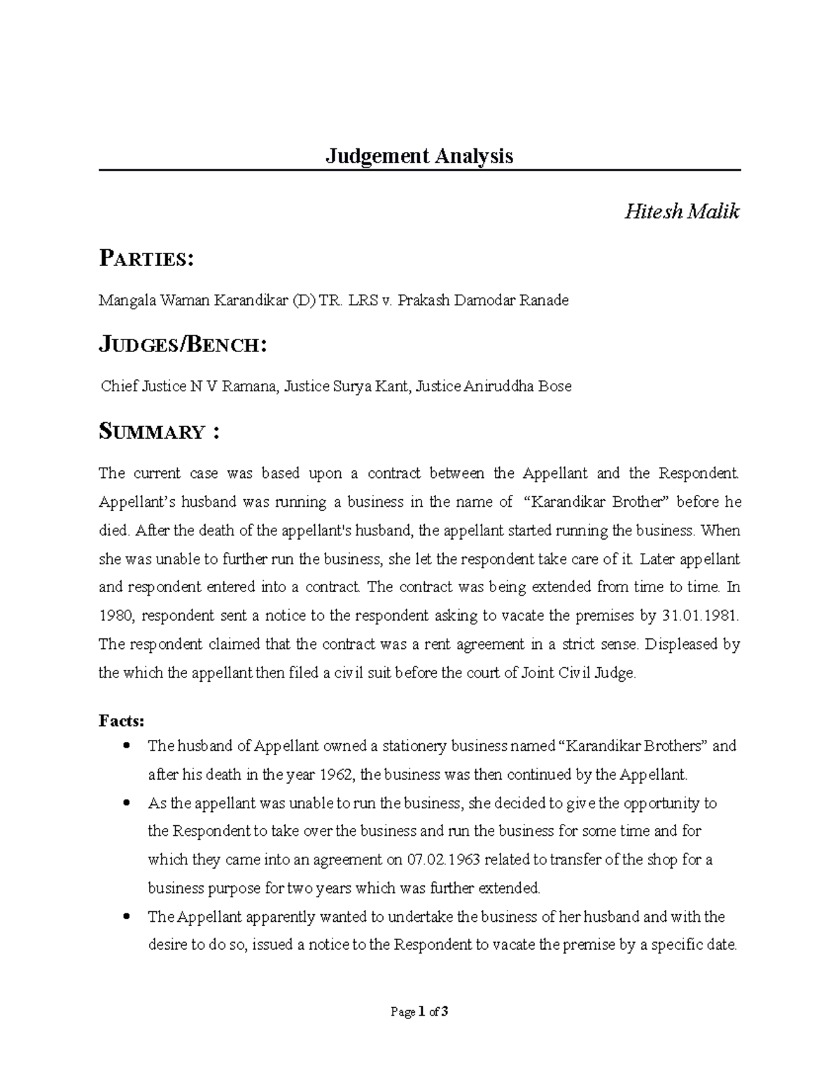 Mangala Waman Karandikar v Prakash Damodar Ranade - Judgement Analysis ...