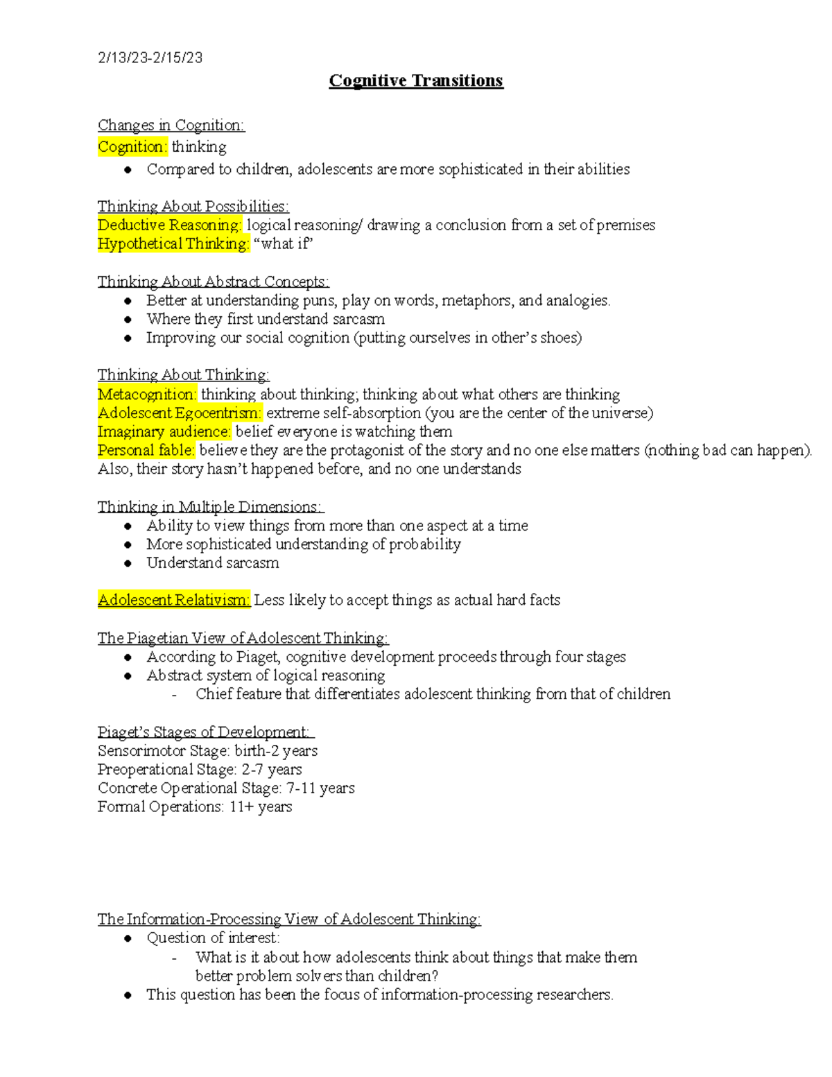 HDFS Lesson 4 - 2/13/23-2/15/ Cognitive Transitions Changes in ...