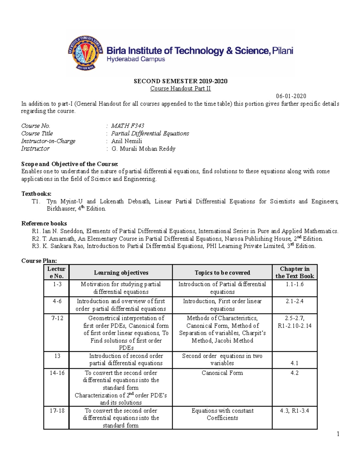 MATH F343 - Course handout - SECOND SEMESTER 2019- Course Handout Part II 06-01- In addition to ...