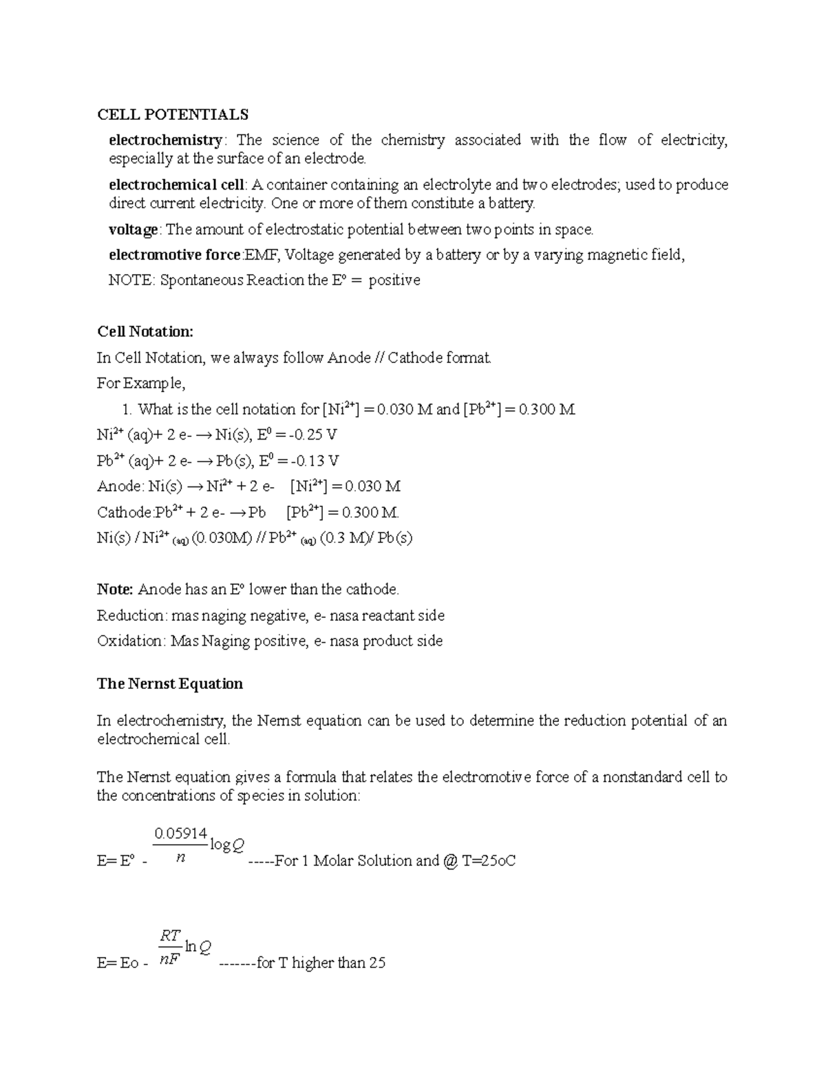 CHEM CELL Potentials Notes - Chemistry - WMSU - Studocu