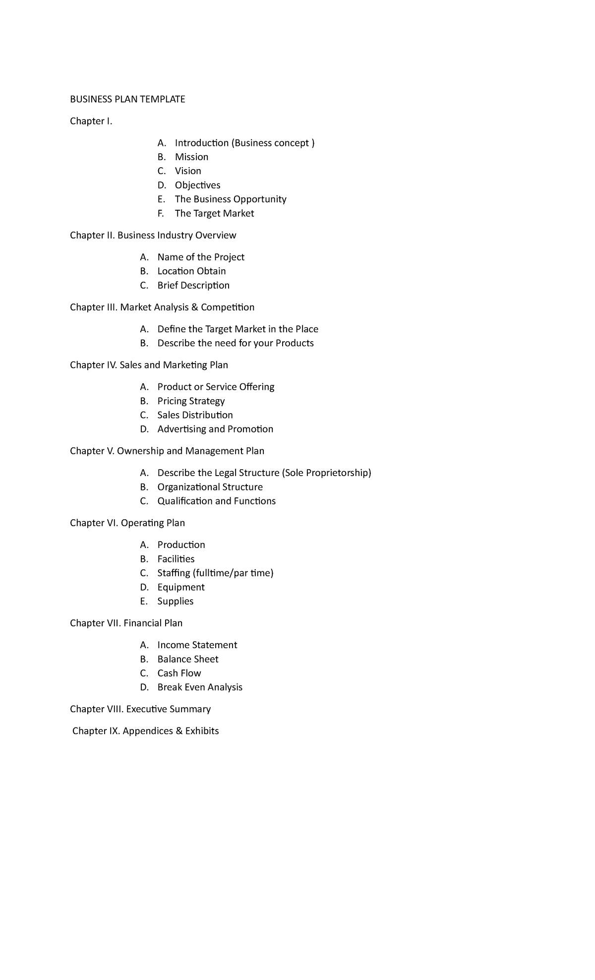 Business PLAN Template Entrep - BUSINESS PLAN TEMPLATE Chapter I. A ...