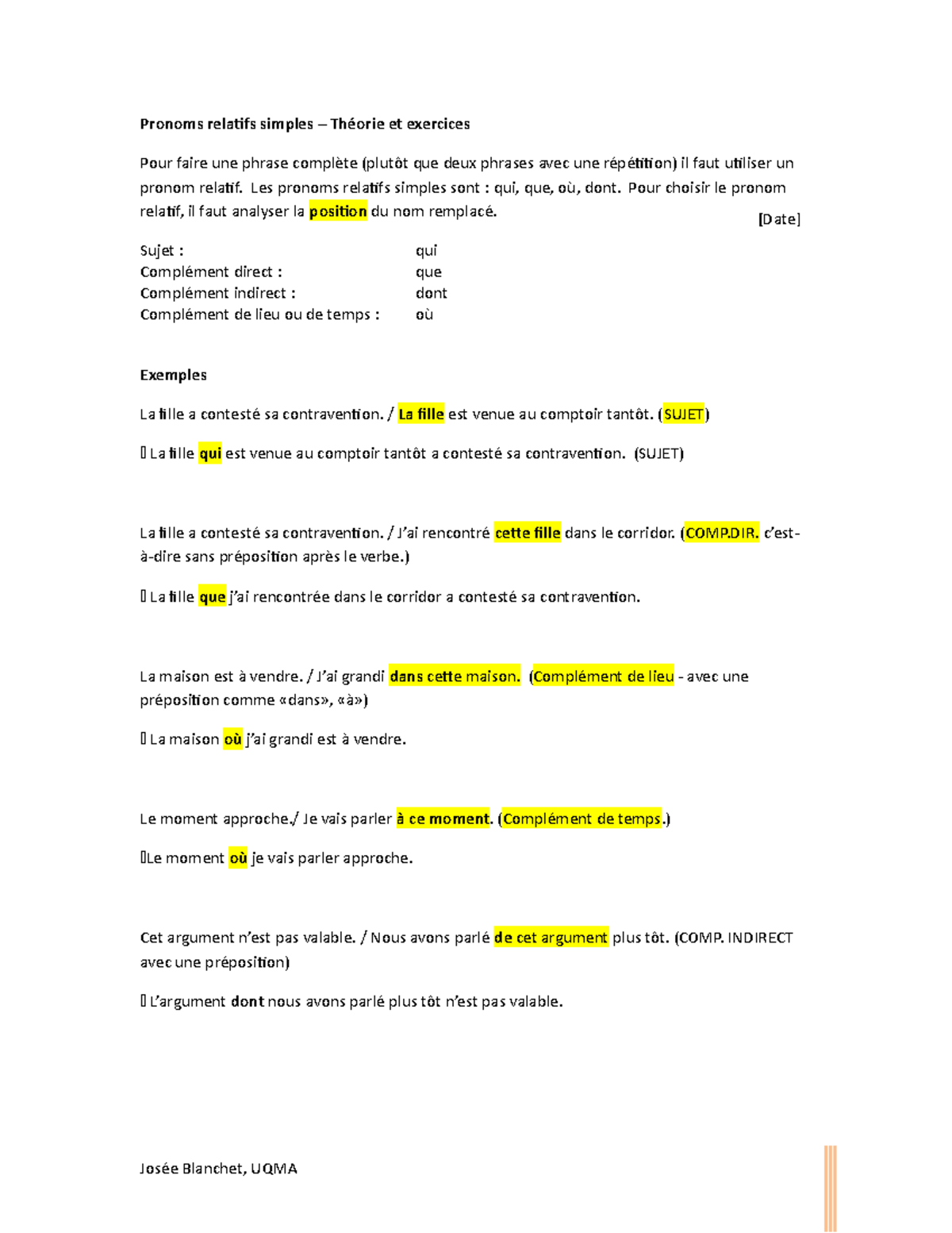 Pronoms relatifs simple 1-1 - Pronoms relatifs simples – Théorie et ...