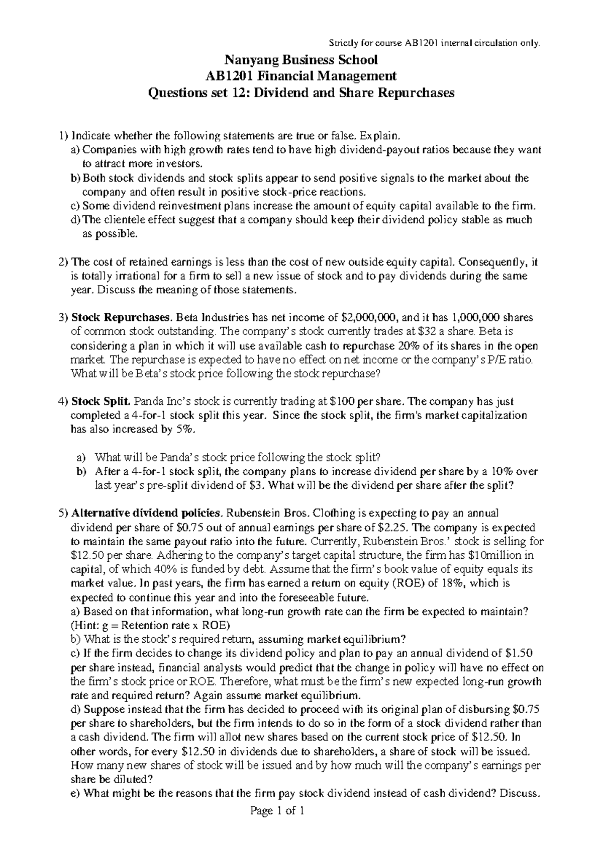 Question Set Chapter 12 - Strictly for course AB1201 internal ...